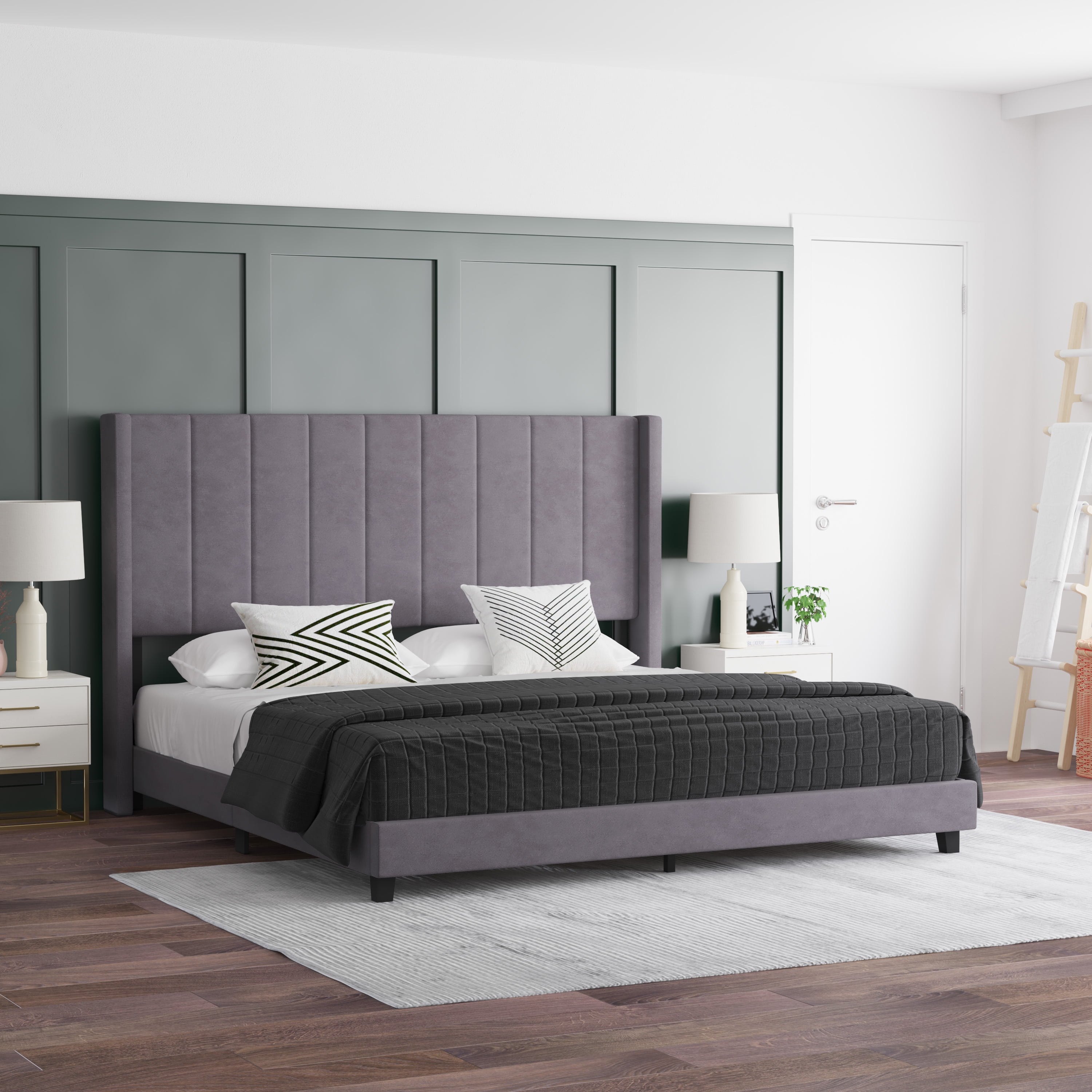 Emma + Oliver Gray Velvet Upholstered King Platform Bed with Vertical ...