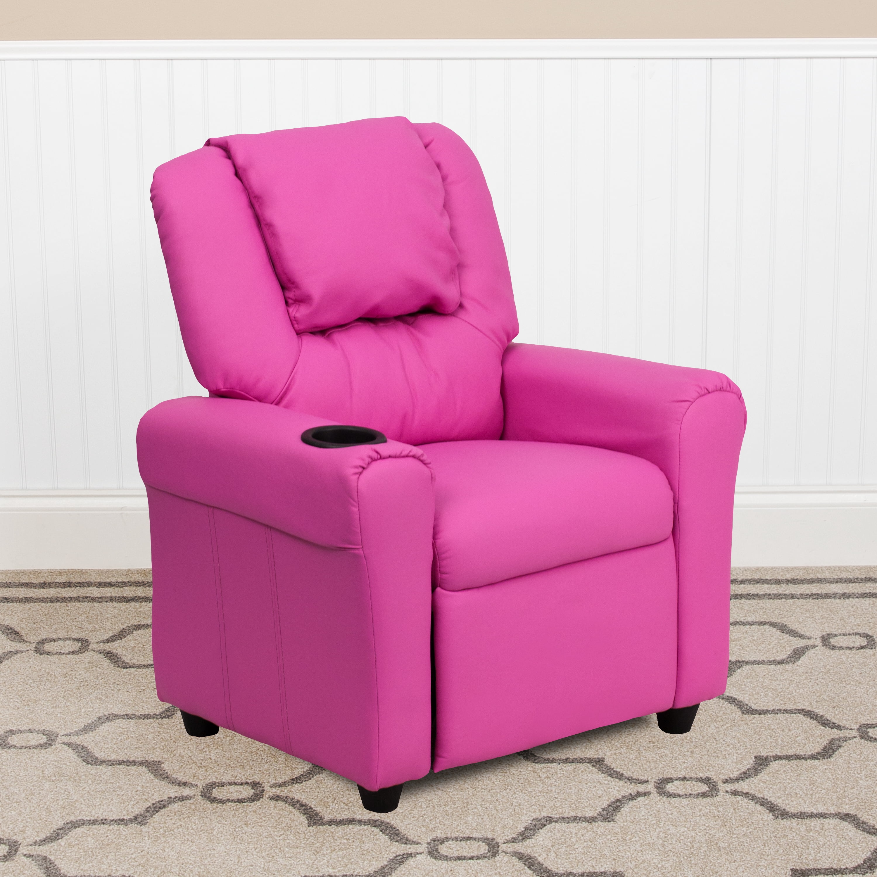 Emma + Oliver Hot Pink Vinyl Kids Recliner with Cup Holder and Headrest ...