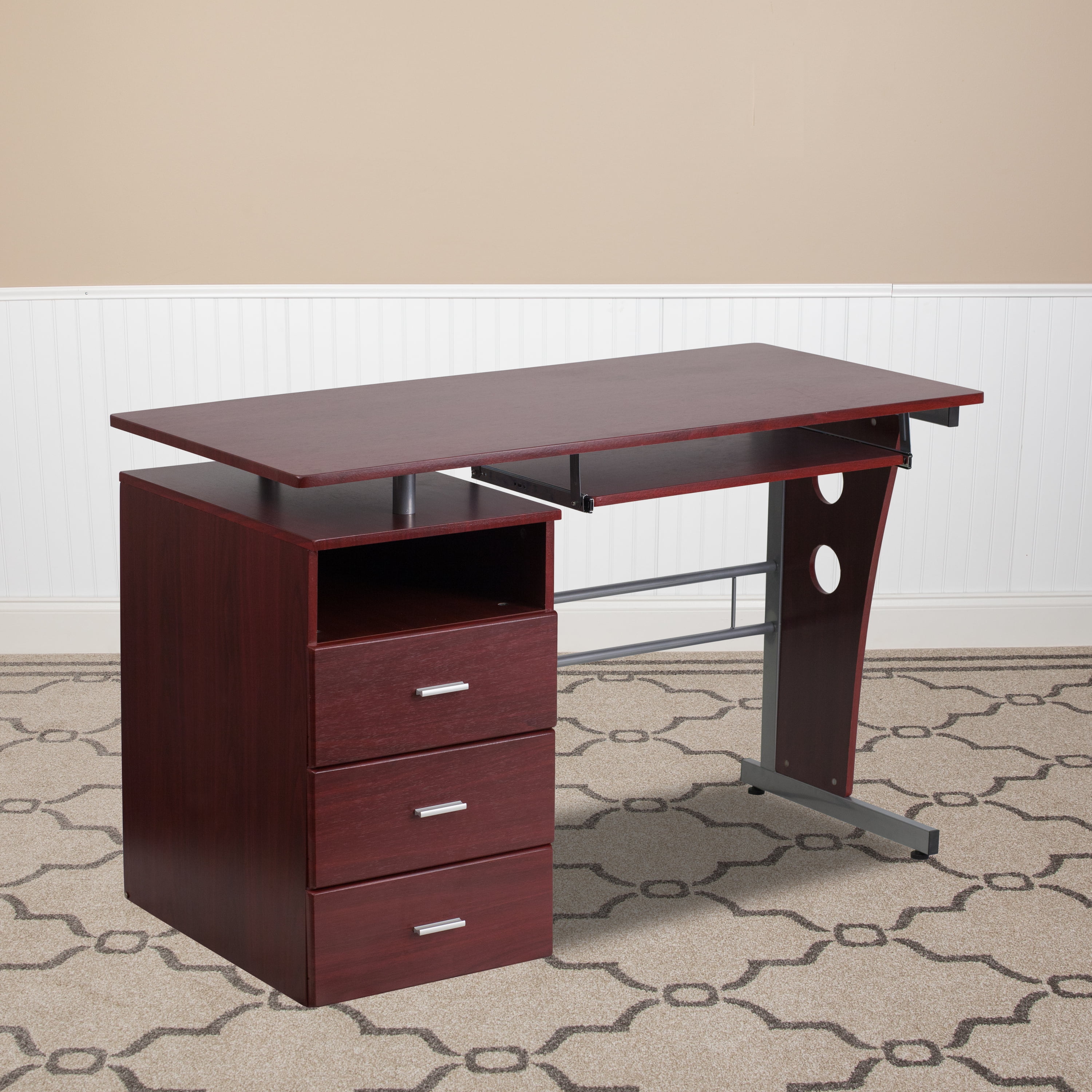 Emma + Oliver Mahogany Desk with Three Drawer Pedestal and Keyboard ...