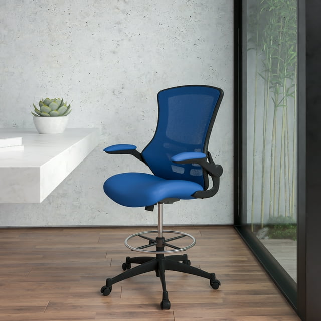 Emma + Oliver Mid-Back Blue Mesh Ergonomic Drafting Chair with Foot ...