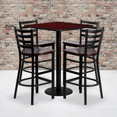 Emma + Oliver 36" Round Walnut Laminate Table Set, 4 Ladder Back Metal ...