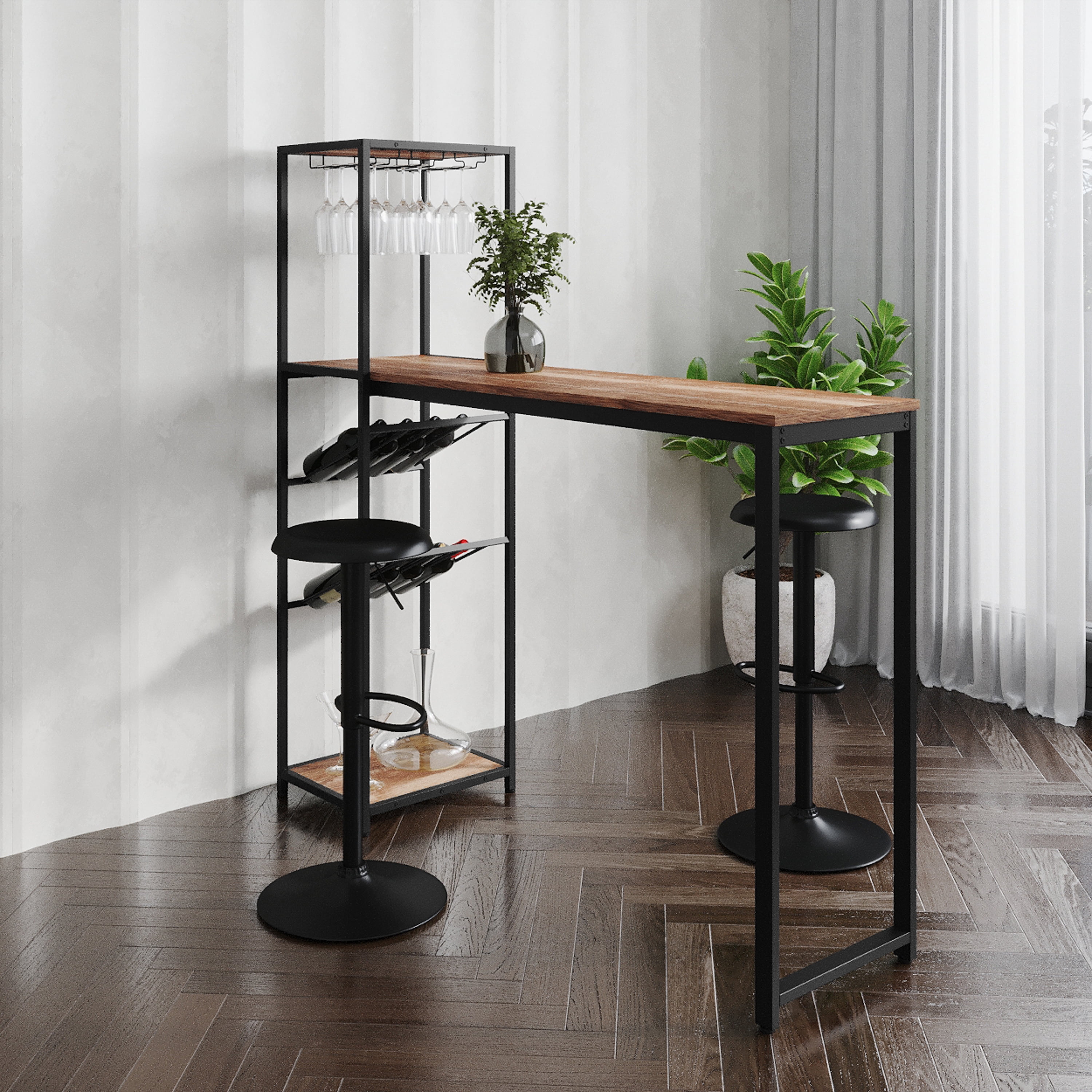Emma + Oliver Modern Bar and Wine Table with 2 Slanted Bottle Shelves ...
