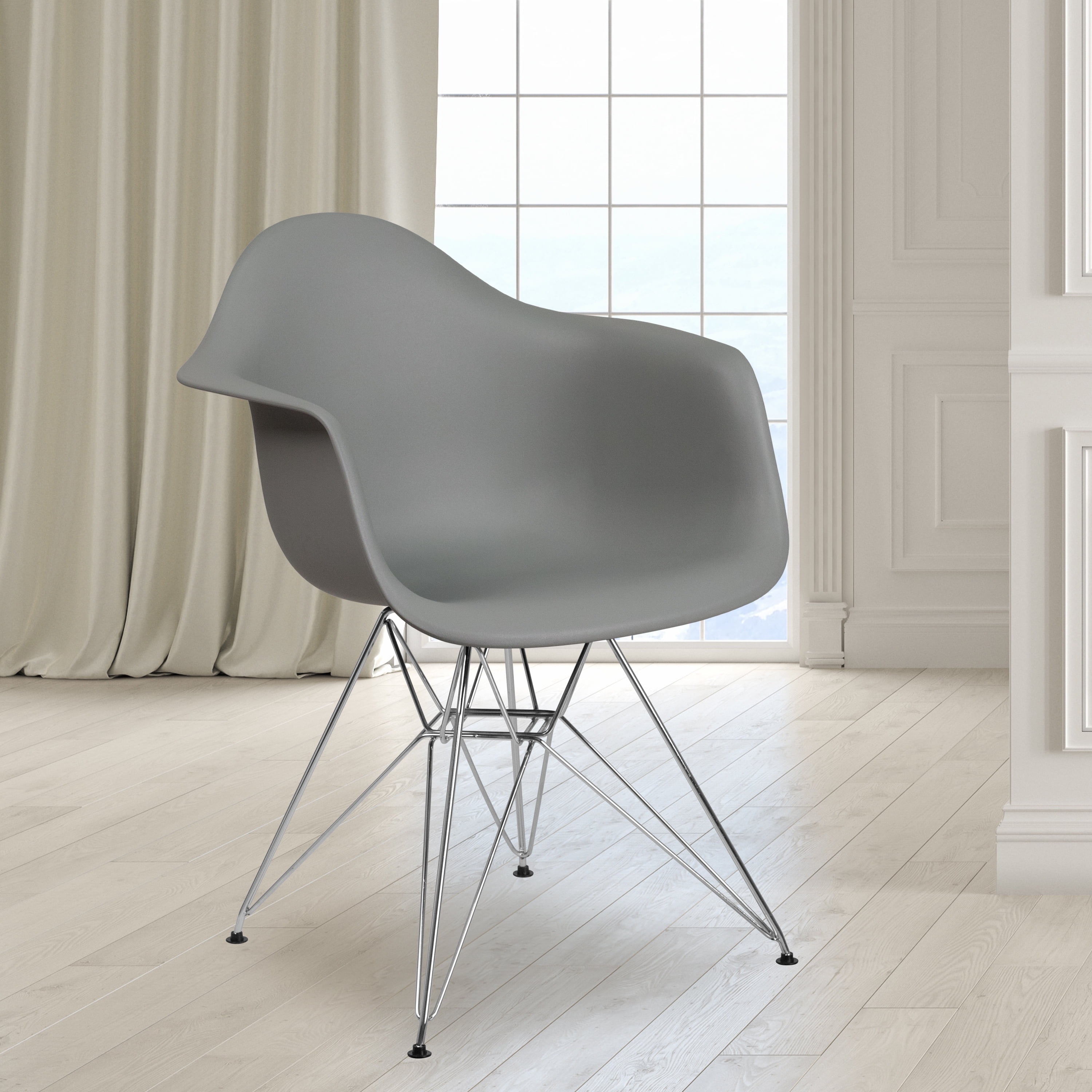Emma + Oliver Moss Gray Plastic Chair with Arms and Chrome Base ...