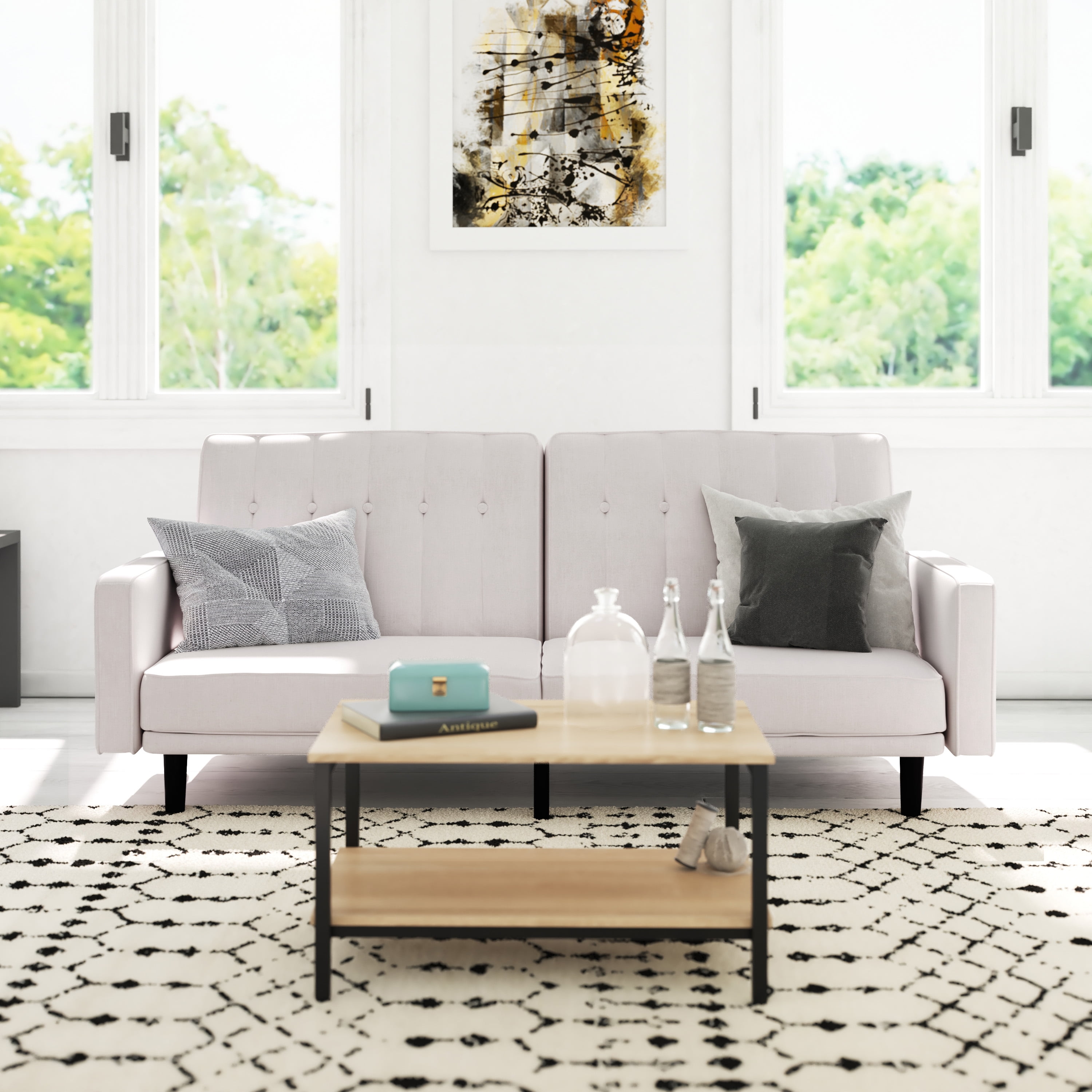 Emma + Oliver Plush Padded Faux Linen Upholstered Split Back Sofa Futon ...