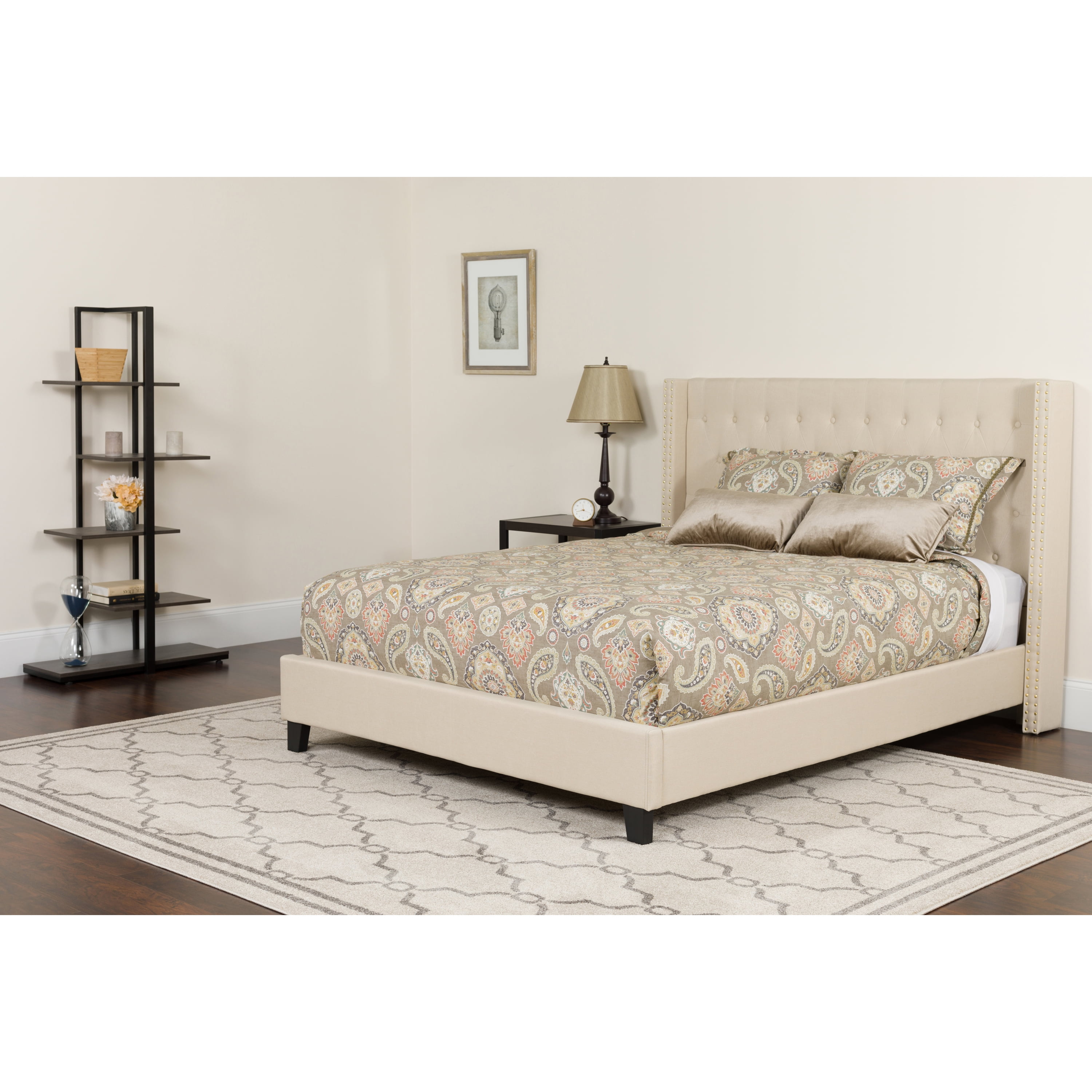 Emma + Oliver Queen Accent Extended Panel Platform Bed/Mattress-Beige ...