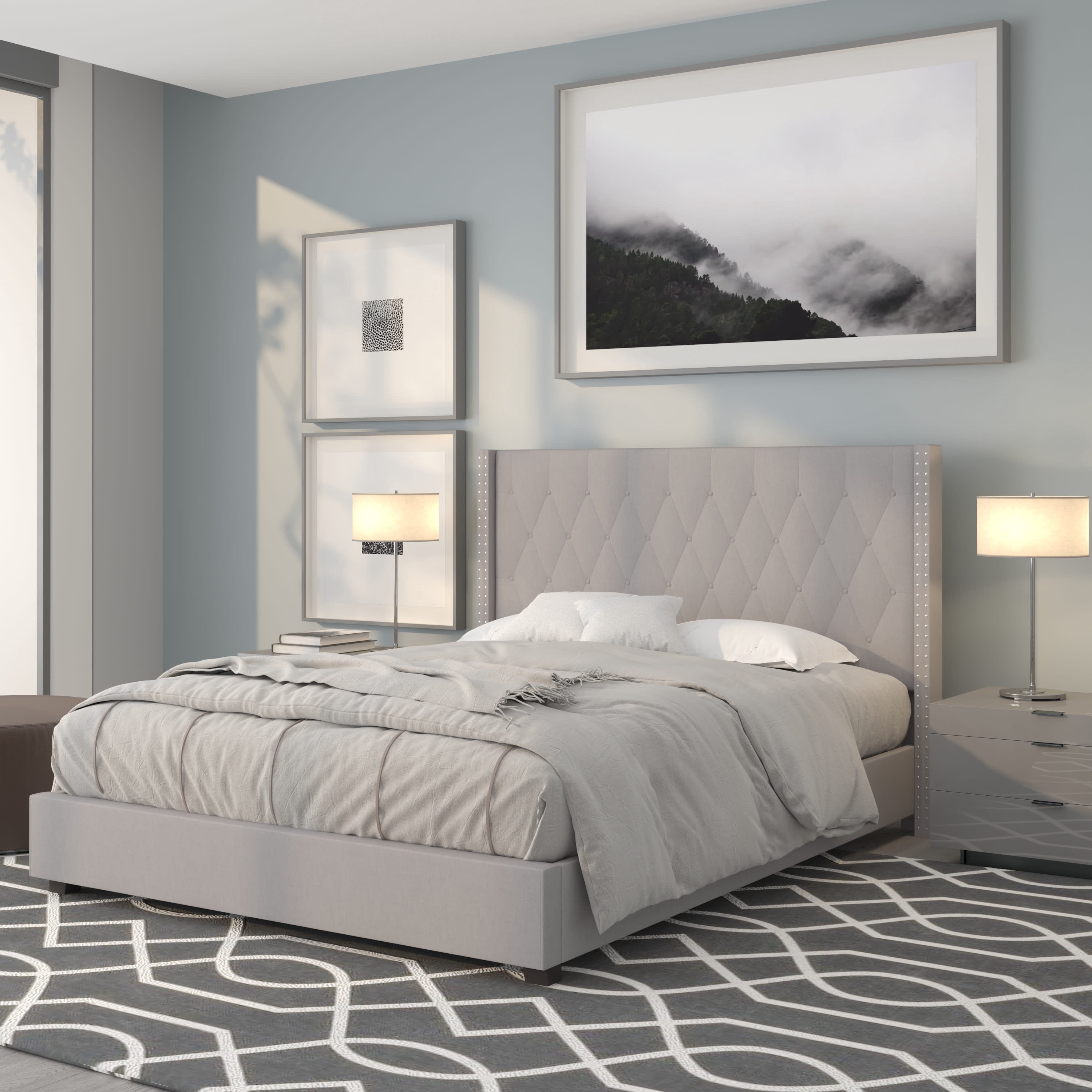 Emma + Oliver Queen Accent Extended Panel Platform Bed in Light Gray ...
