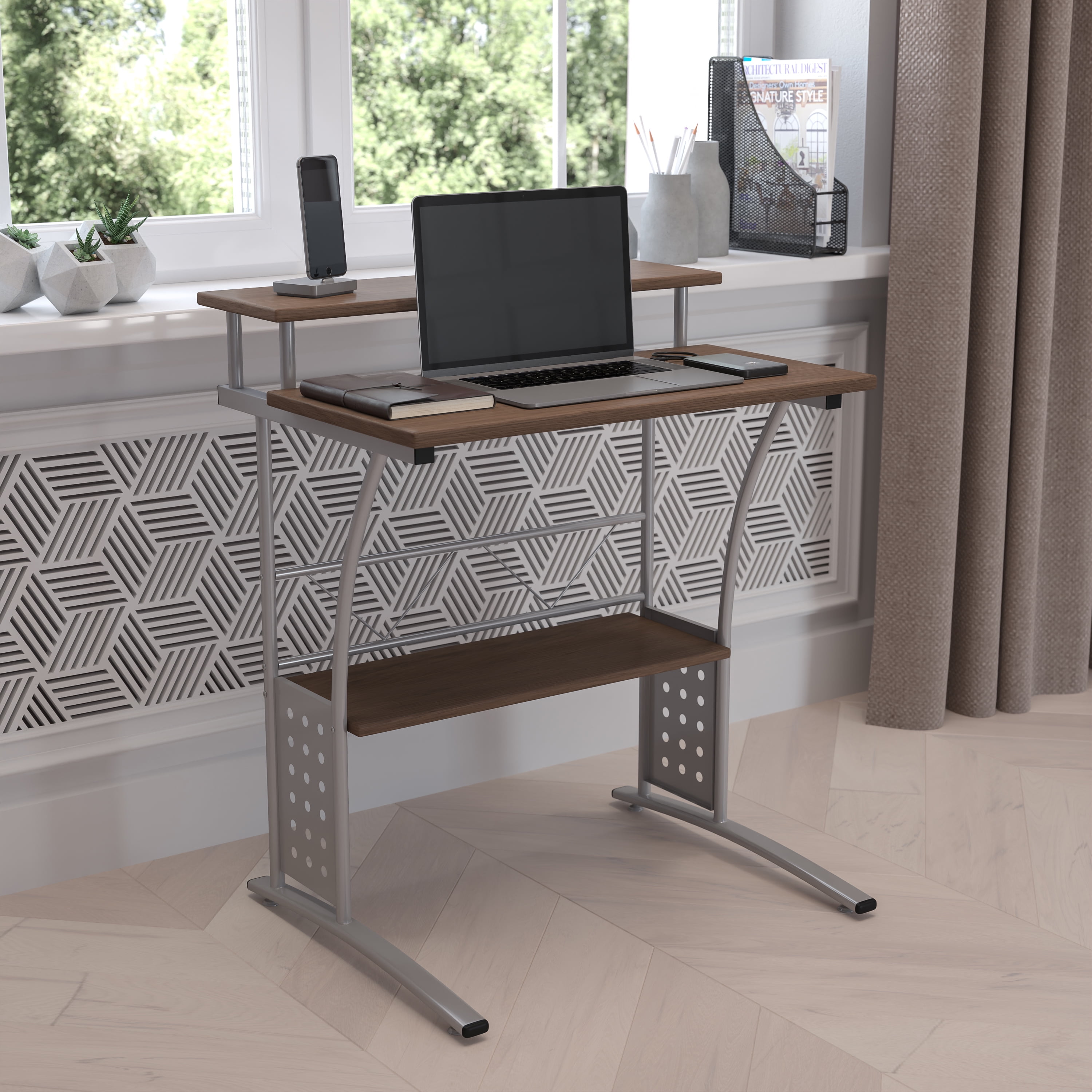 Emma + Oliver Rustic Walnut Computer Desk with Top and Lower Storage ...