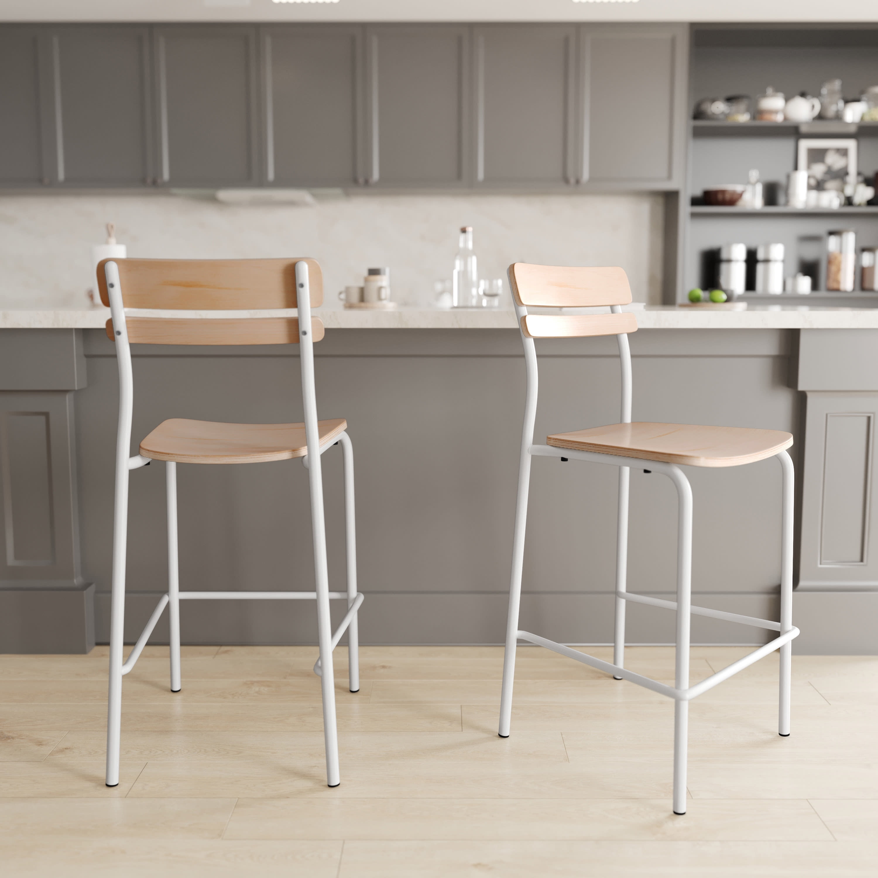 Emma + Oliver Set of 2 Bar Stools with White Metal Frames and Solid ...