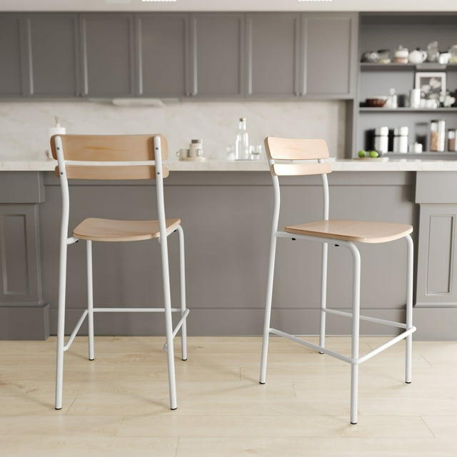 Emma + Oliver Set of 2 Bar Stools with White Metal Frames and Solid ...
