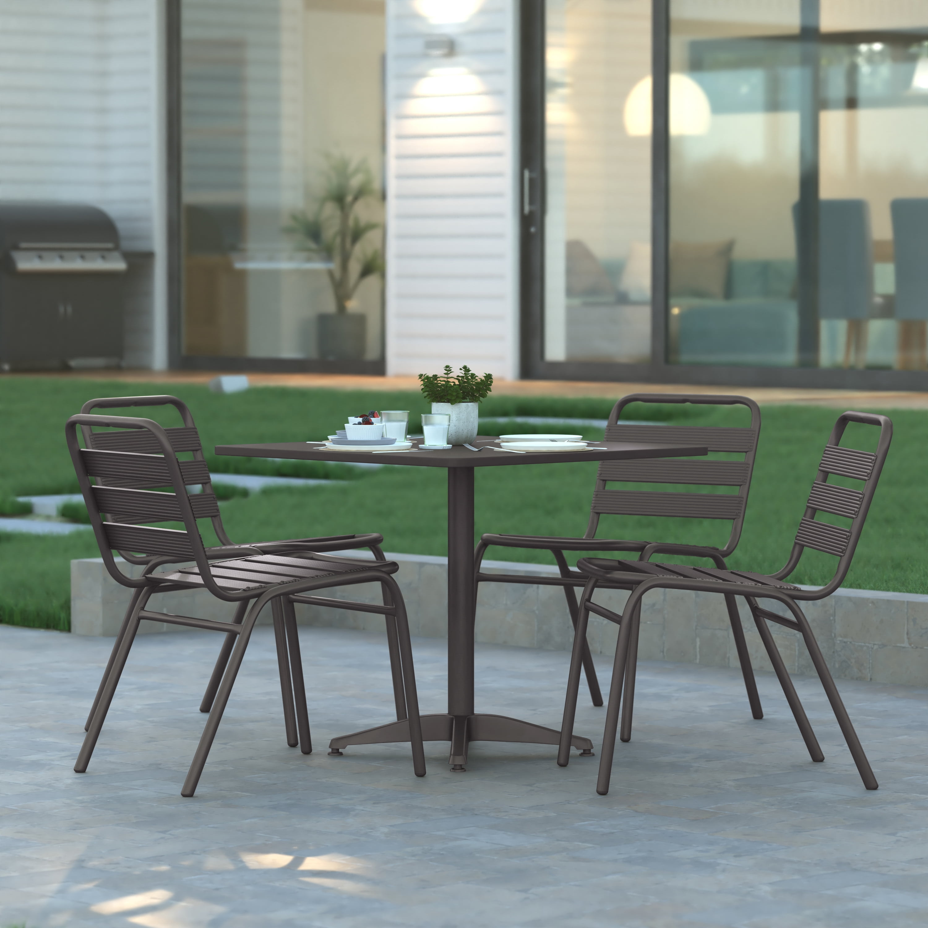 Emma + Oliver Set of 4 Bronze Metal Indoor-Outdoor Stack Chairs with ...