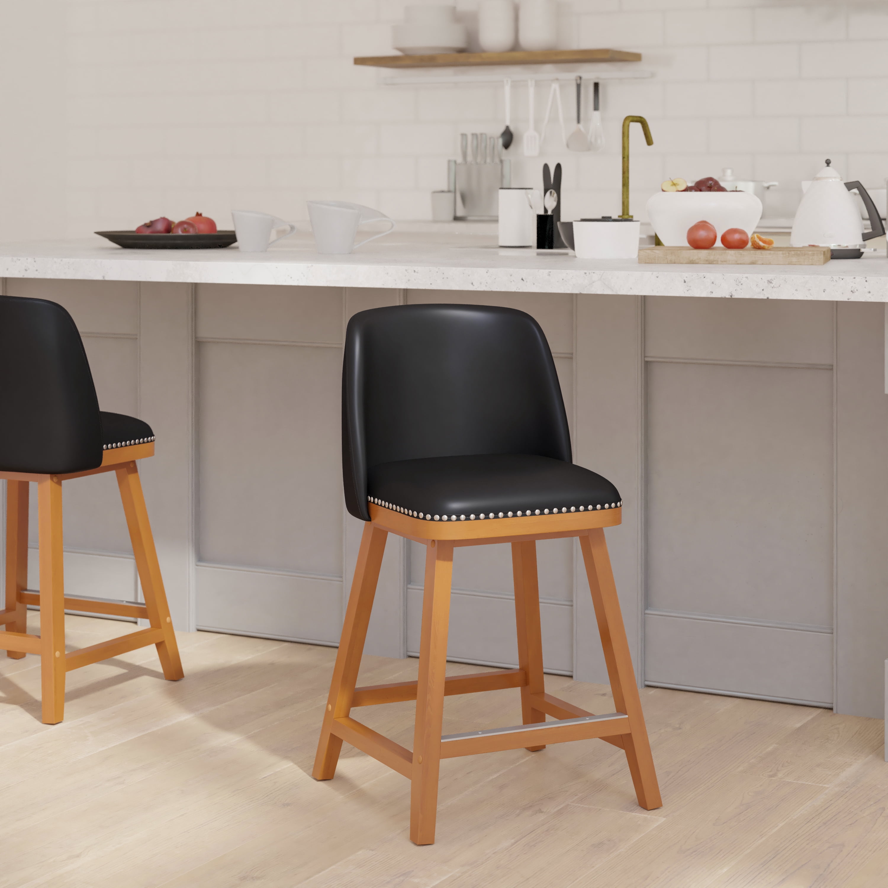 Emma + Oliver Set of Two Black Faux Leather Upholstered 24" Counter ...