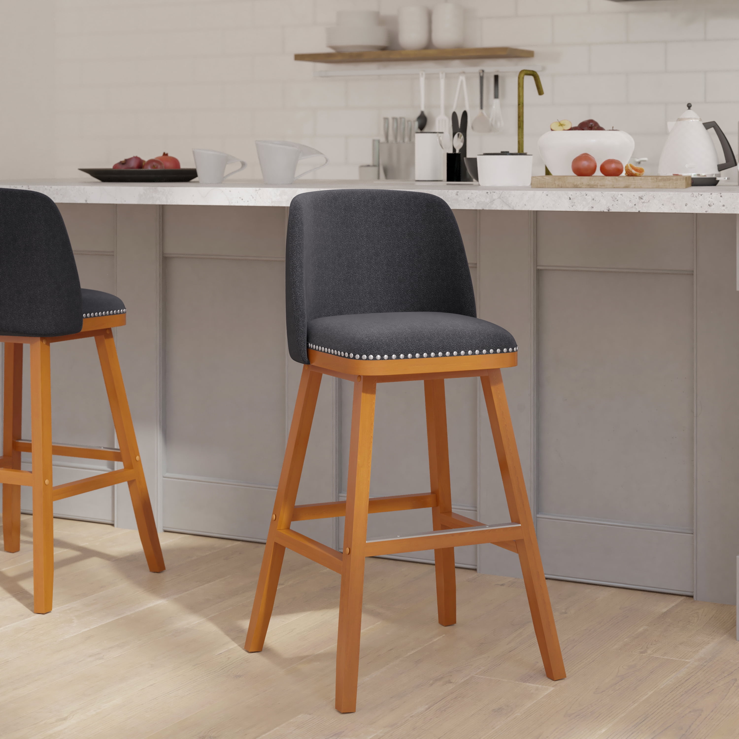 Emma + Oliver Set of Two Charcoal Faux Linen Upholstered 30" Bar Height ...