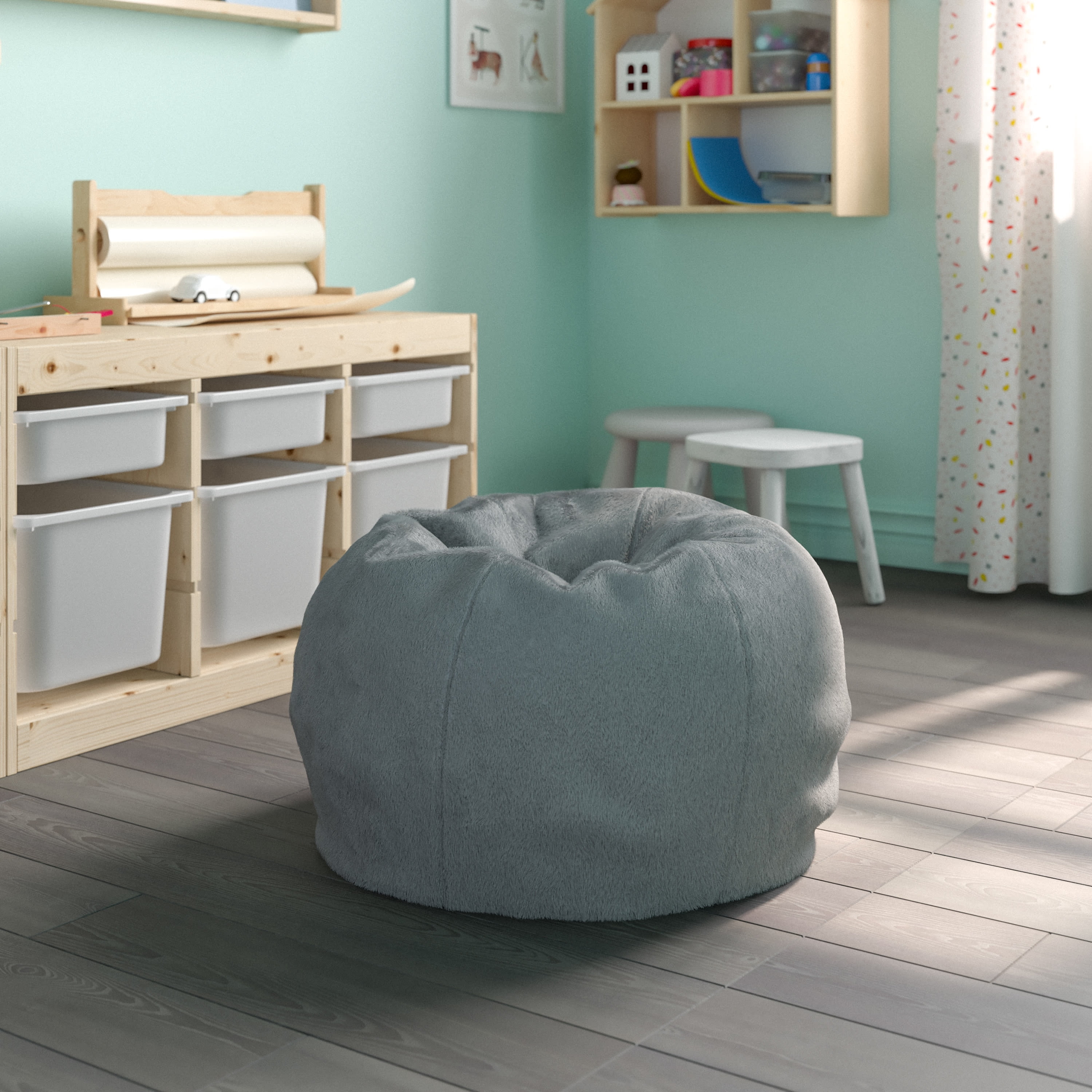 Emma + Oliver Small Gray Furry Bean Bag Chair, Refillable, Lightweight ...