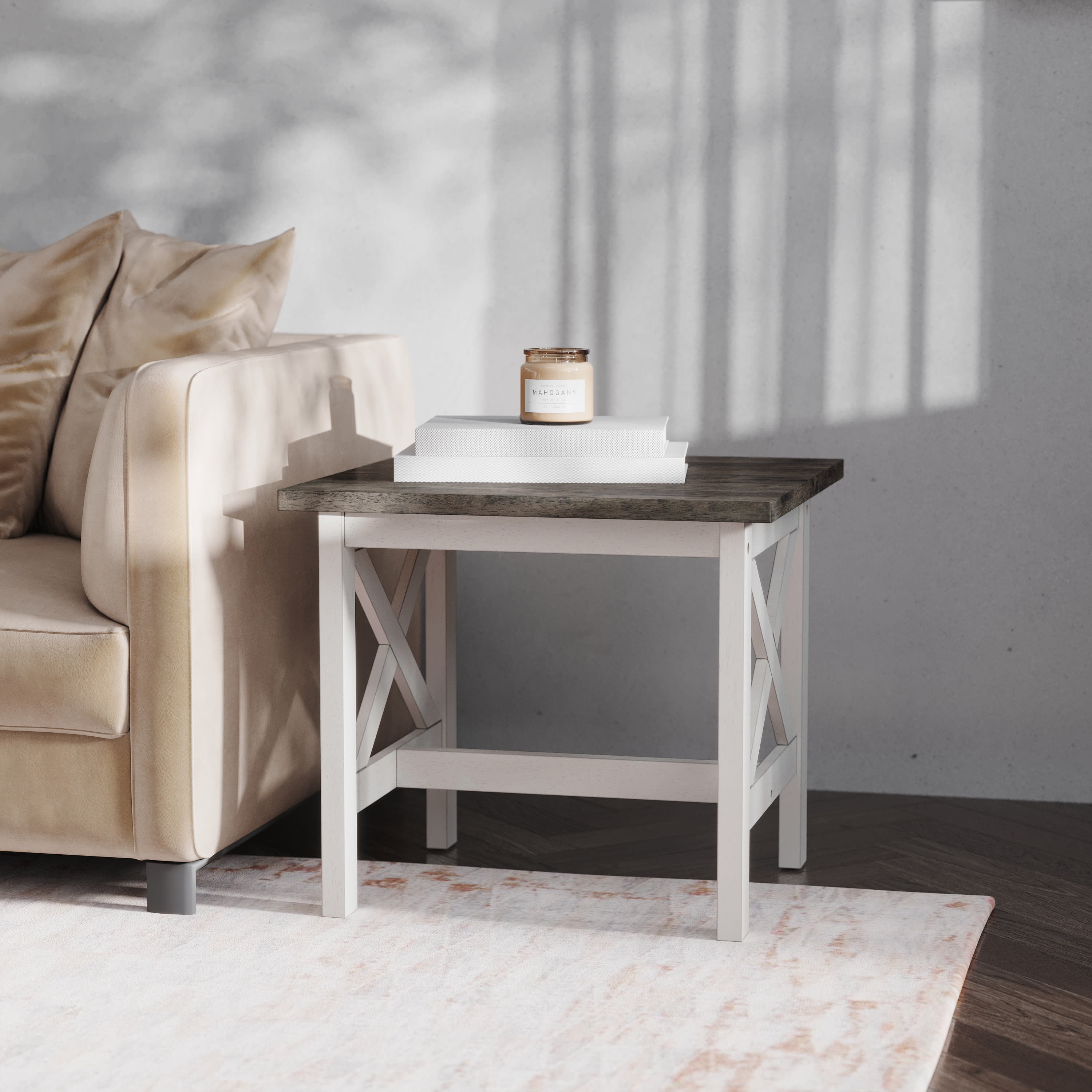 EMMA + OLIVER Solid Wood Farmhouse Side Table, Acacia Gray and Rustic ...