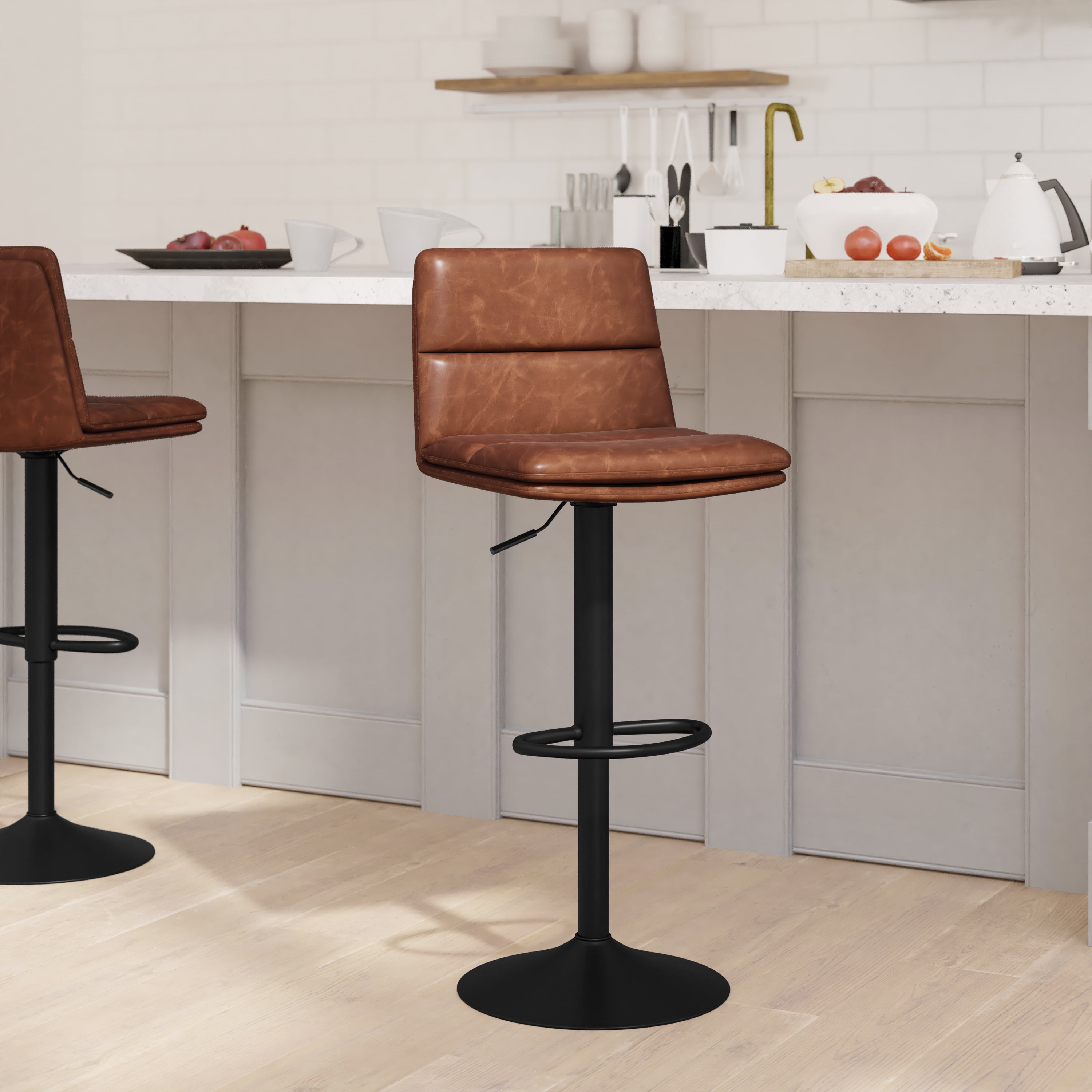 Emma + Oliver Swivel Upholstered Mid-Back Bar Stools, Cognac/Black (Set ...