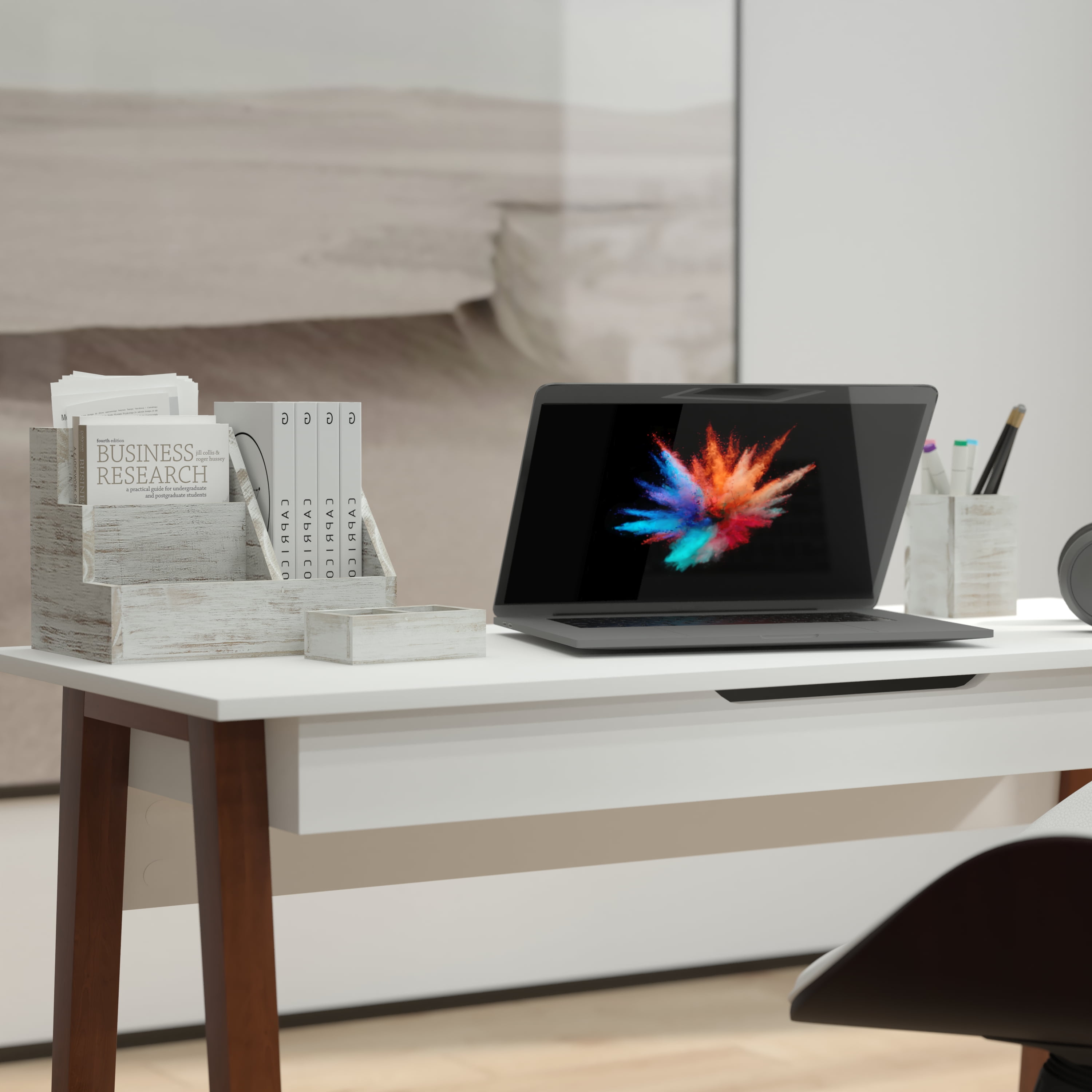 Emma + Oliver Three Piece Industrial Whitewashed Wood Desk or Vanity ...