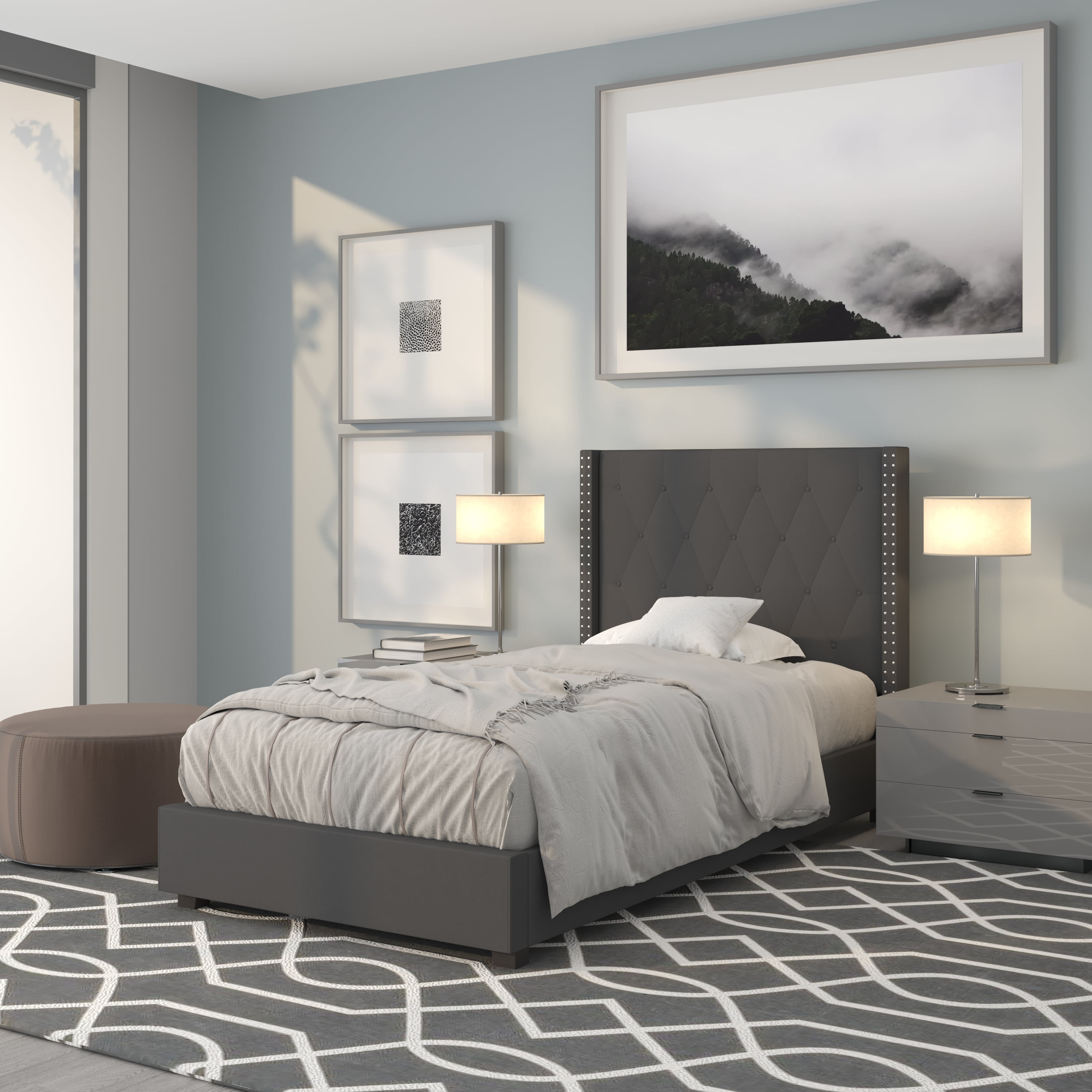 Emma + Oliver Twin Accent Extended Panel Platform Bed in Dark Gray ...