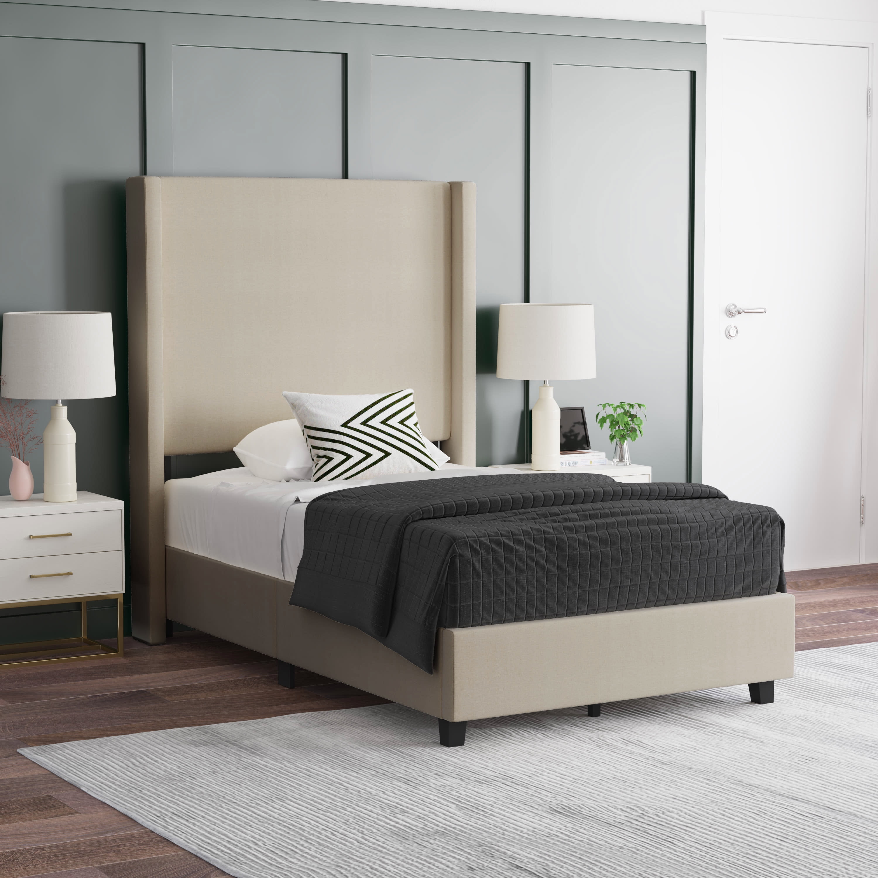 Emma + Oliver Twin Upholstered Bed in Beige Faux Linen, Padded Wingback ...
