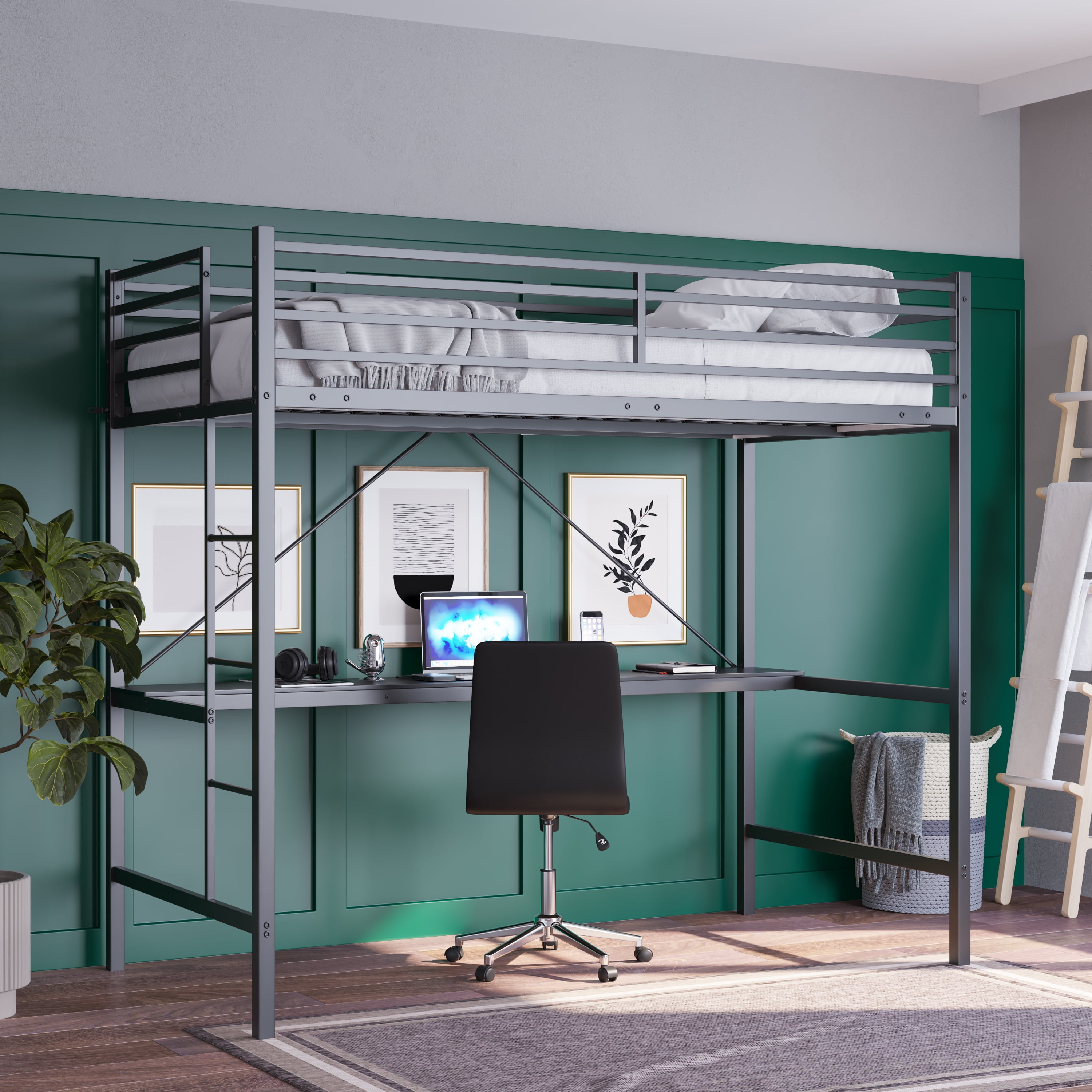 Emma + Oliver Twin Size Loft Bed Frame with Desk, Protective Guard ...
