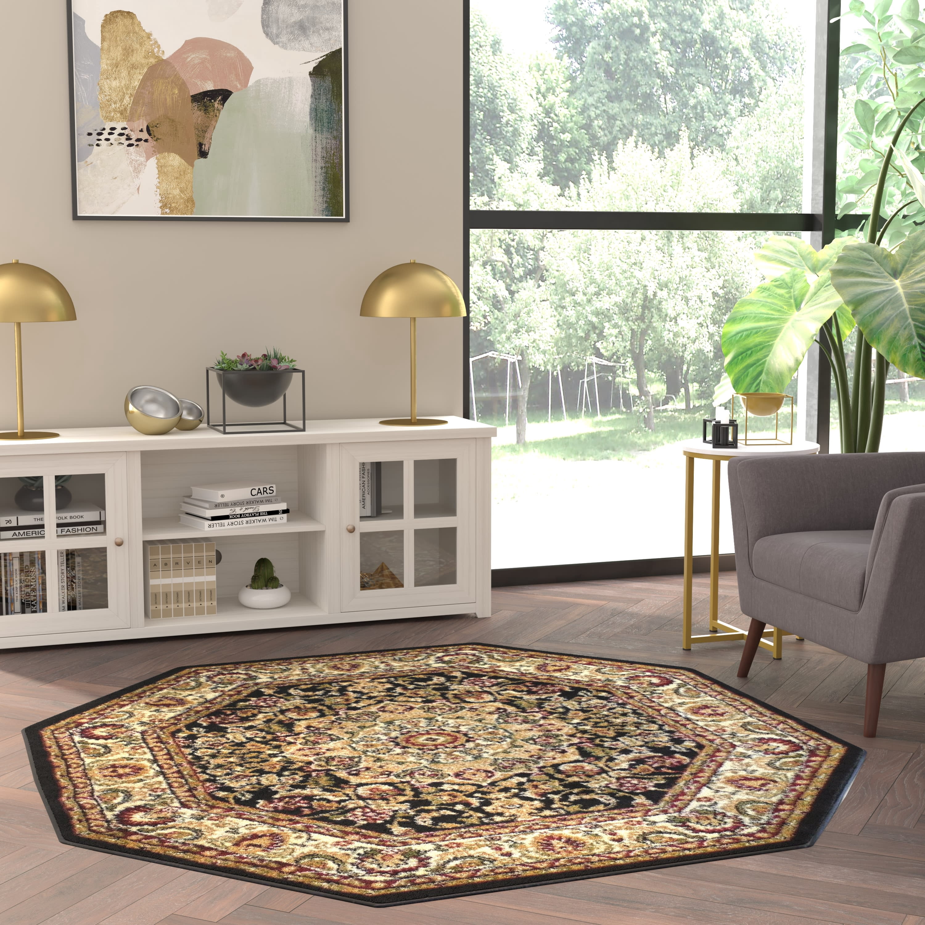 EMMA + OLIVER Ultra Soft 5'x5' Octagon Floral Persian Accent Rug, Black ...