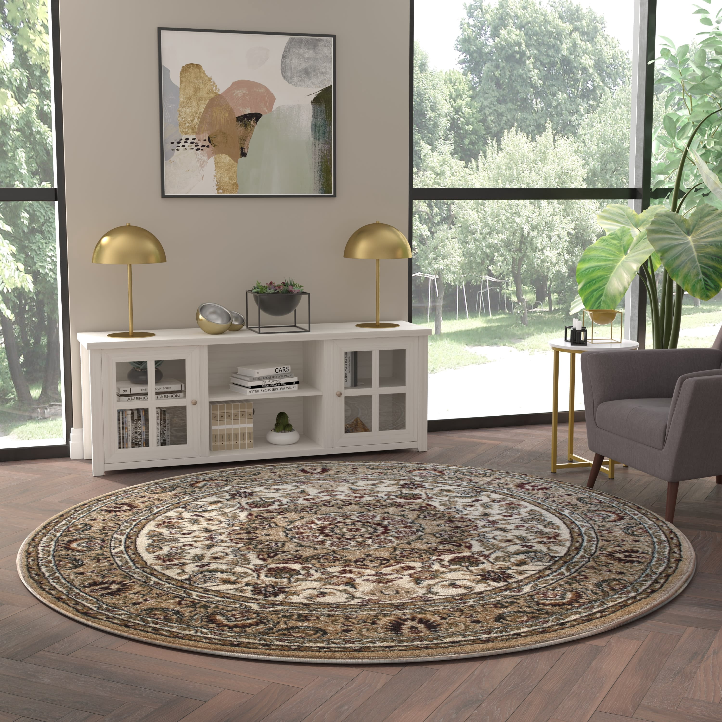 Emma + Oliver Ultra Soft 7'x7' Round Olefin Accent Rug with Traditional ...