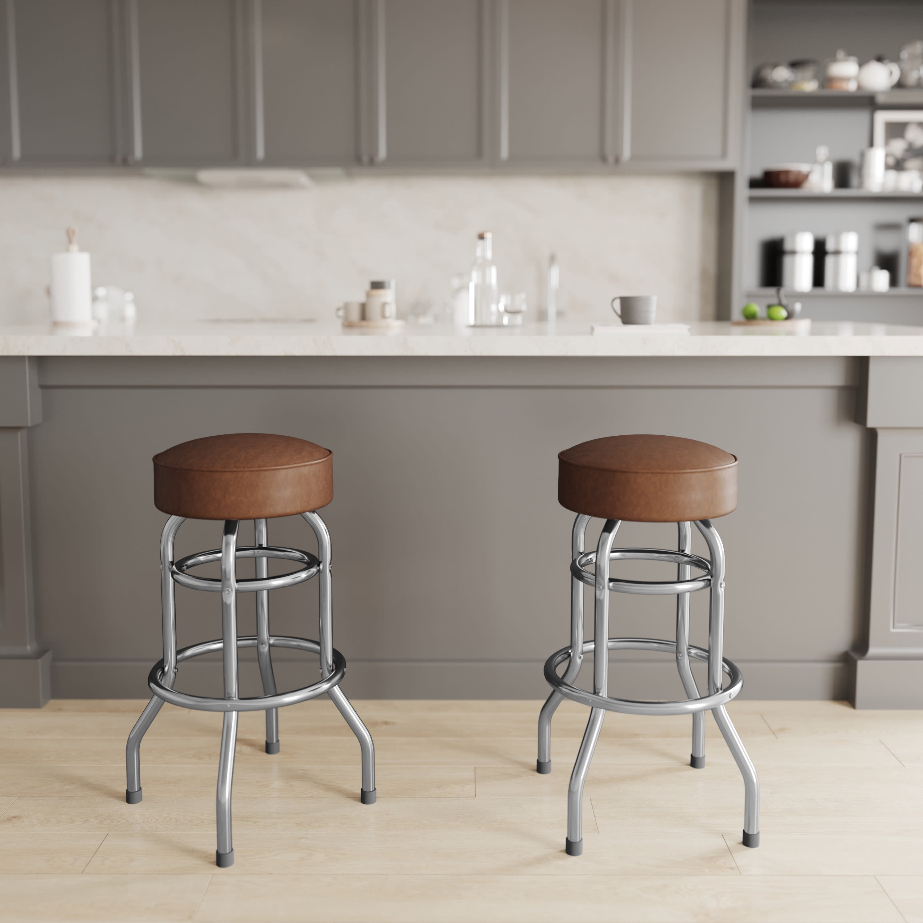Emma + Oliver Weathered Brown Swivel Seat Double Ring Bar Stool - Set ...