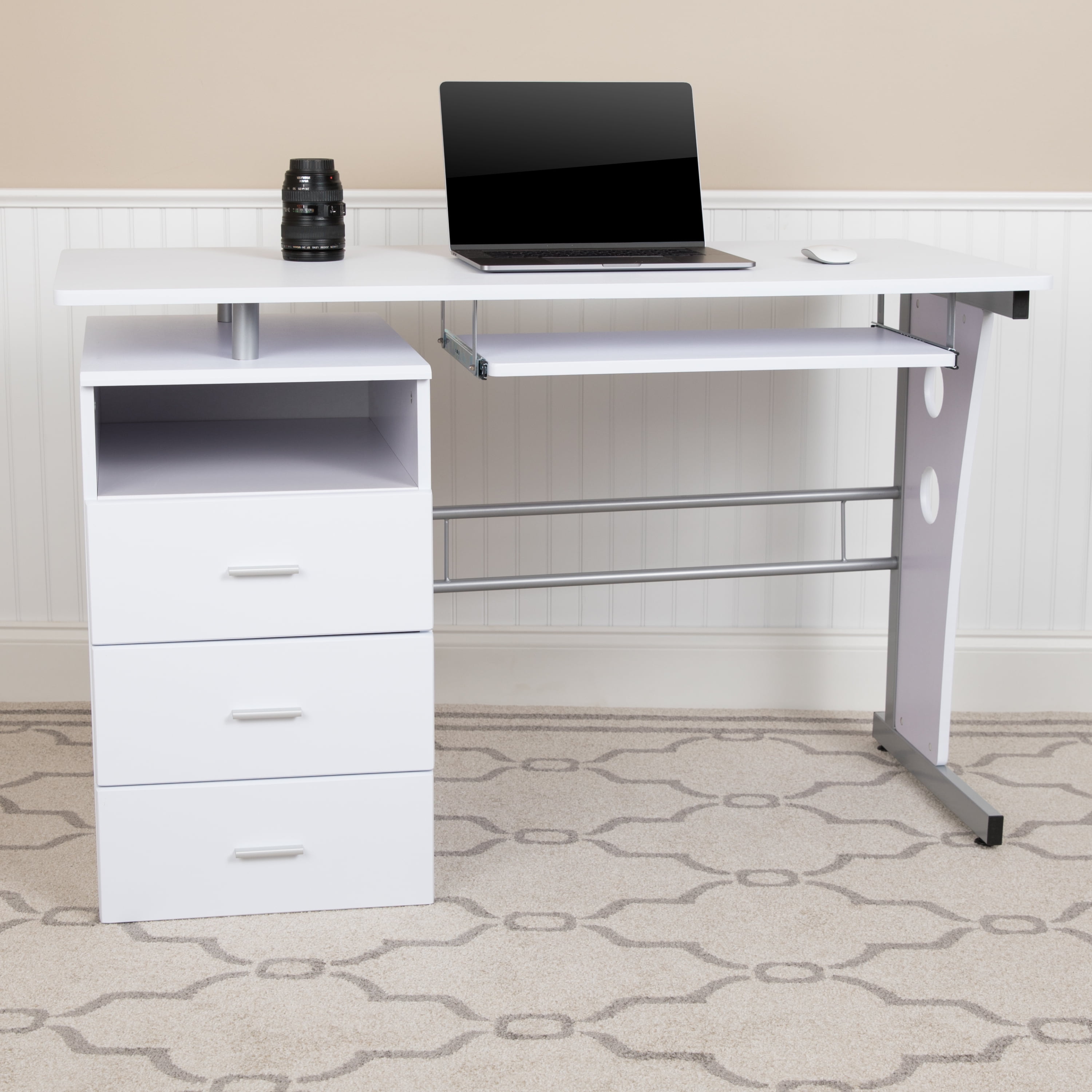 Emma + Oliver Modern Office Computer Desk, White with Three Drawer ...