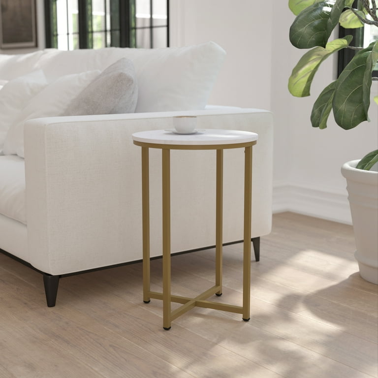 Emma Oliver White Marble Finish Coffee Table with Crisscross Brushed Gold Metal Frame