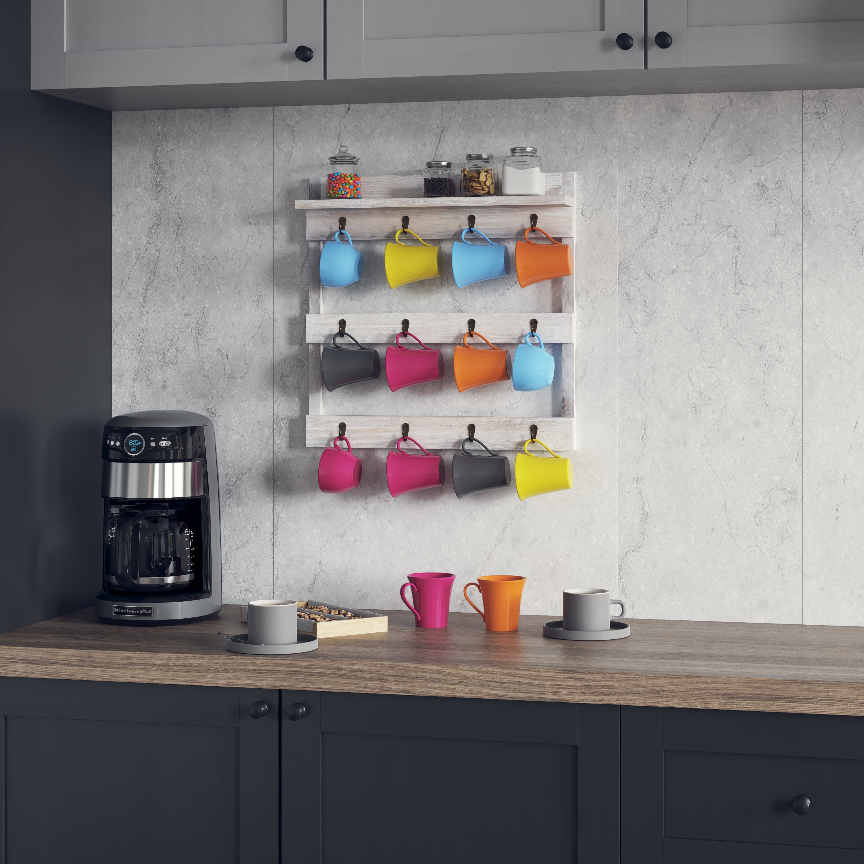 Emma + Oliver Whitewash Wall Mounted Mug Rack with 12 Hooks, Built-In ...