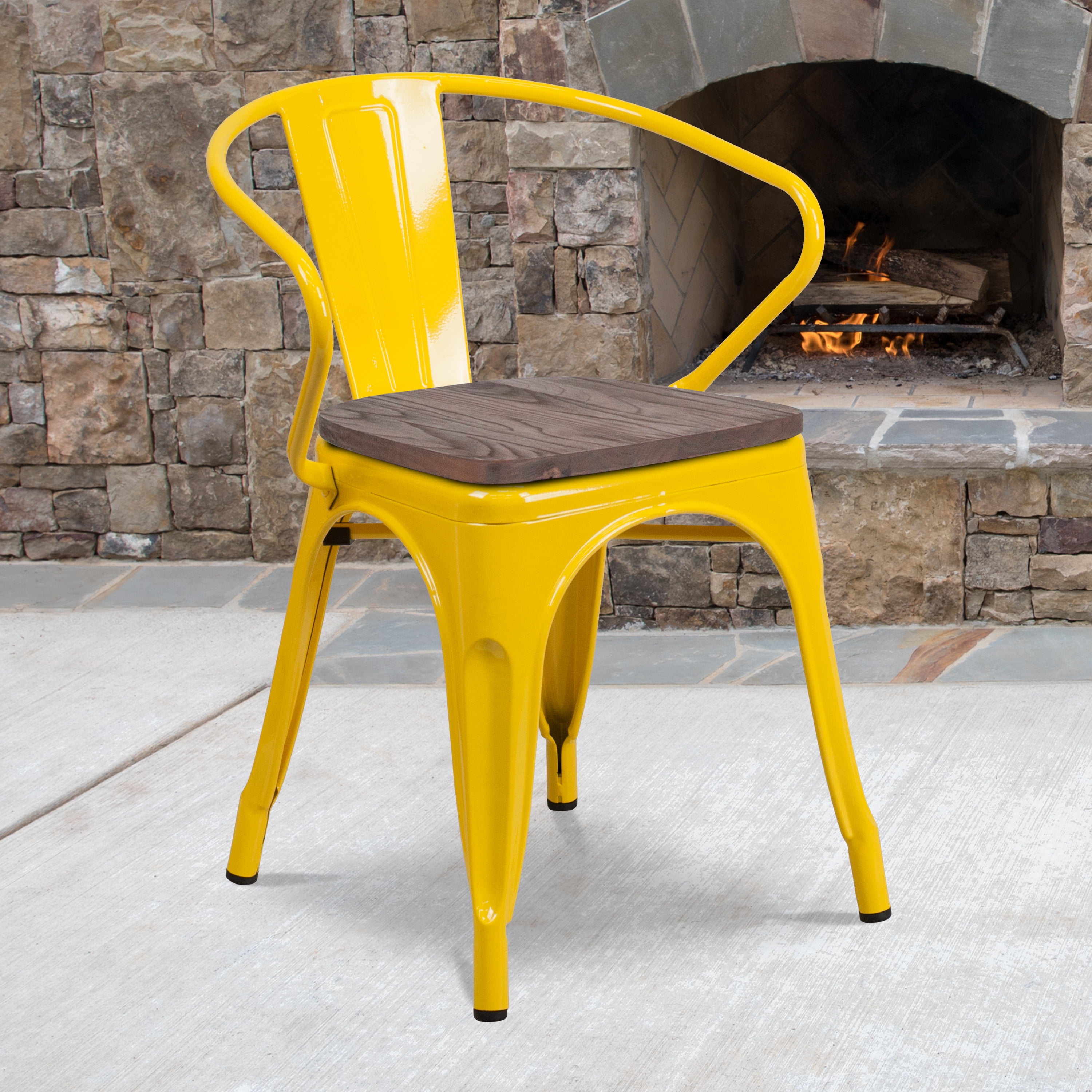 Emma + Oliver Yellow Metal Chair with Wood Seat and Arms - Walmart.com