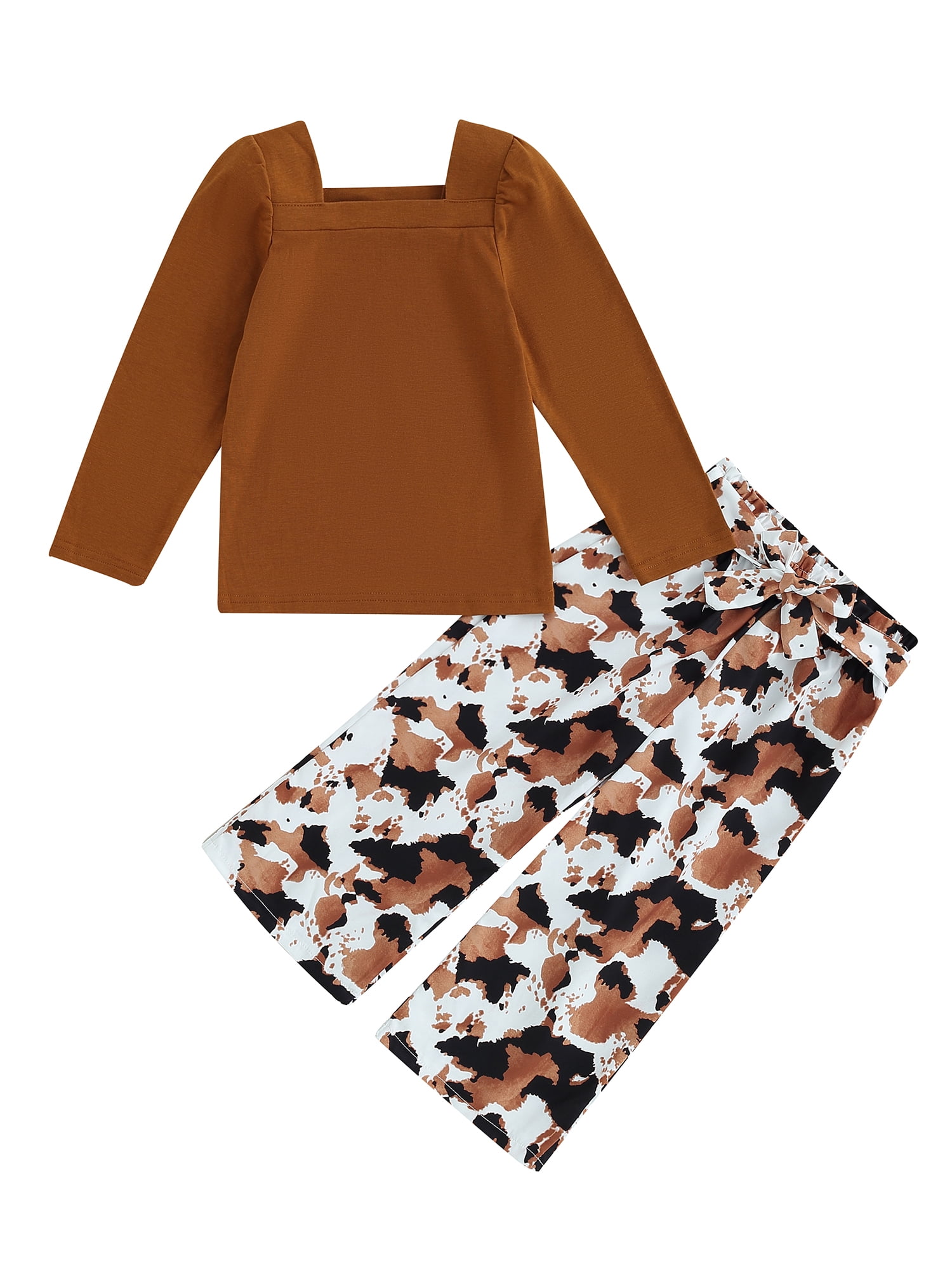Emmababy Long Sleeve Square Neck Tops with Cow Pattern Pants, Belt, and ...