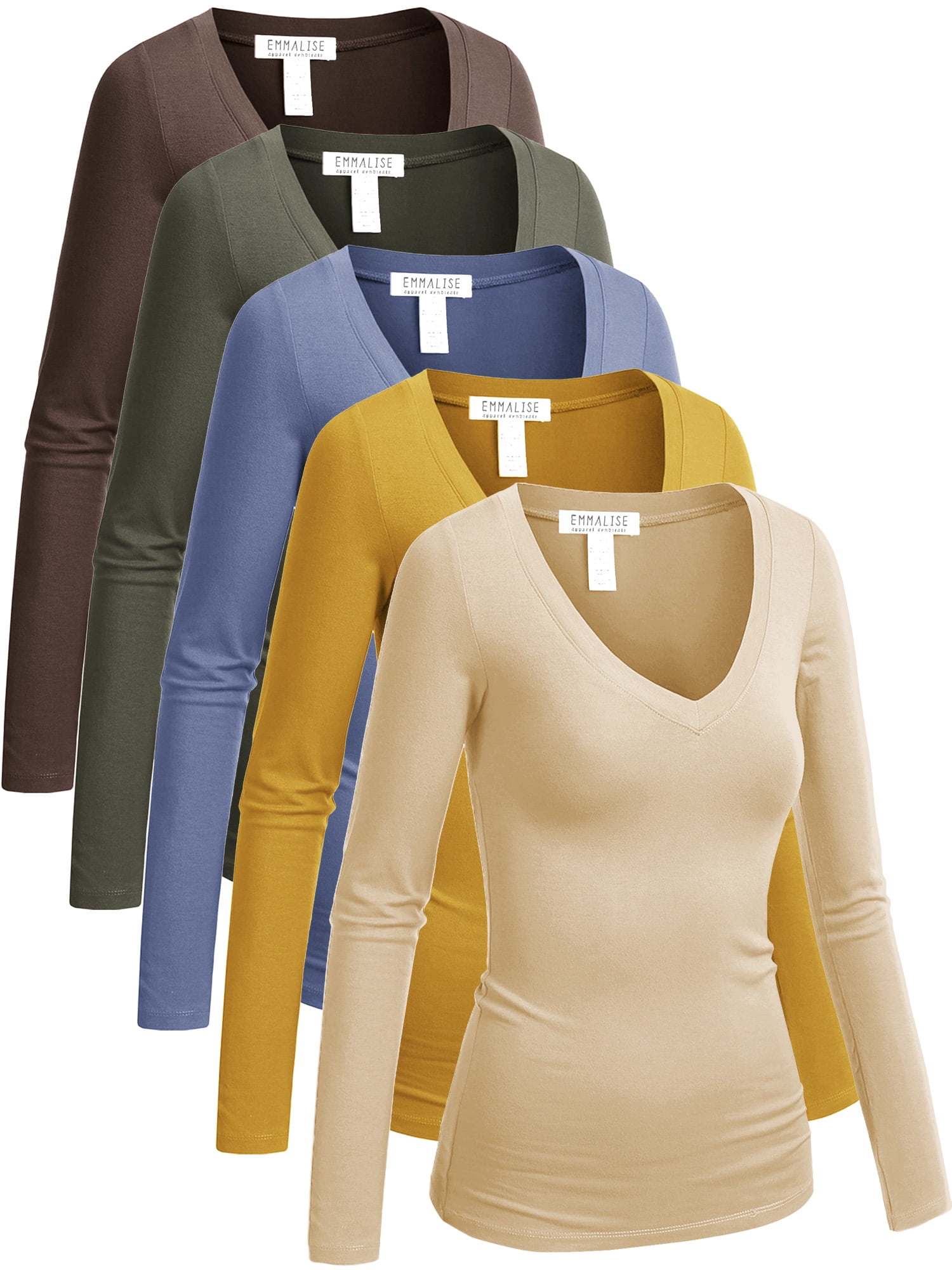 Emmalise 5-Pack Women’s Long Sleeve Plus Size V-Neck Shirts-Nature ...