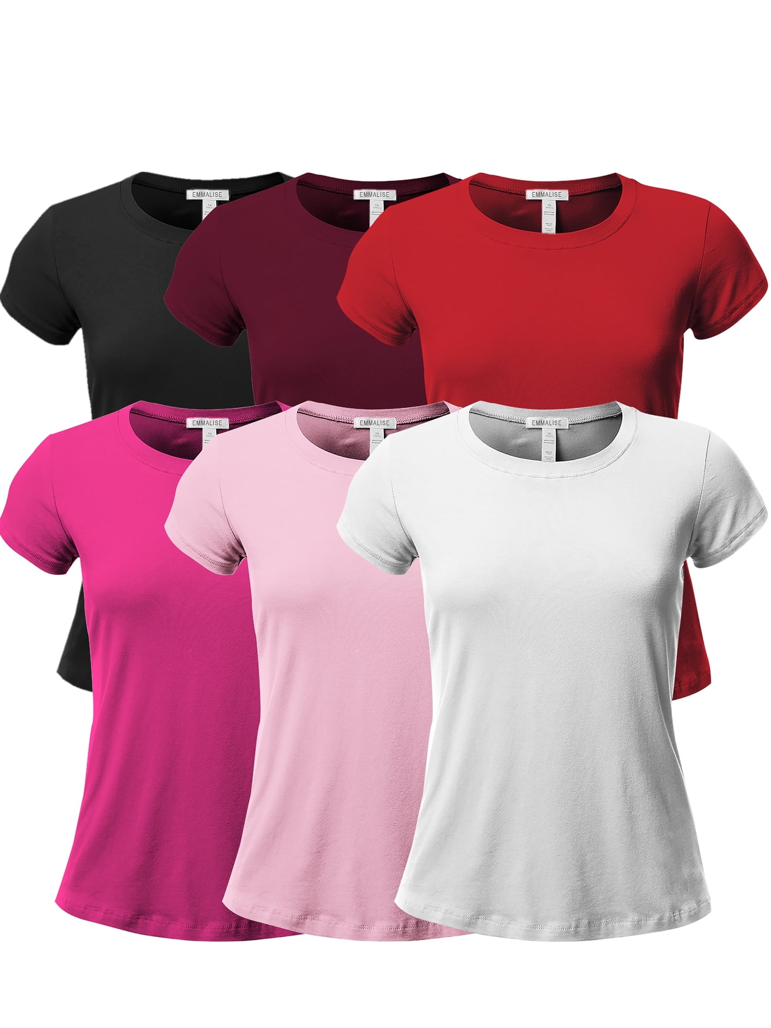 Emmalise Women's Classic Short Sleeve Crewneck 6 Pack Tshirts, Black ...