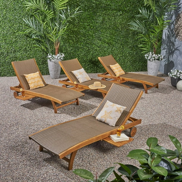 Emmanuel Outdoor Wicker and Wood Chaise Lounge with Pull-Out Tray, Set ...