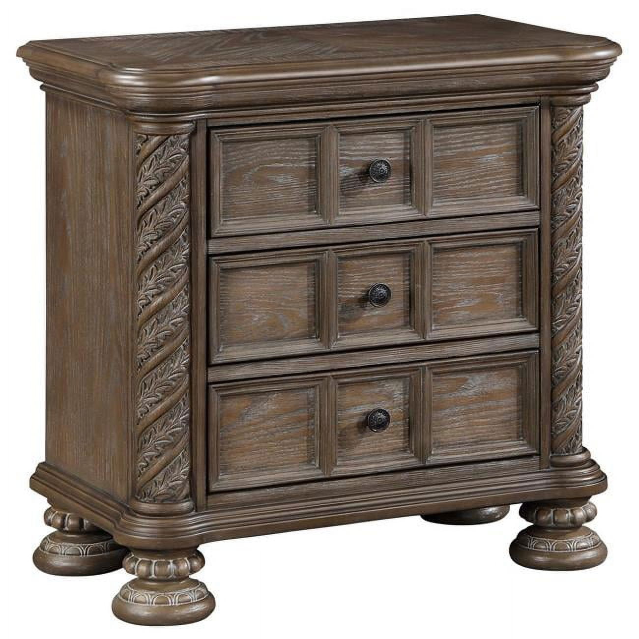 Emme 30 Inch Ornate Nightstand with 3 Drawers - USB Ports - Oak Brown ...