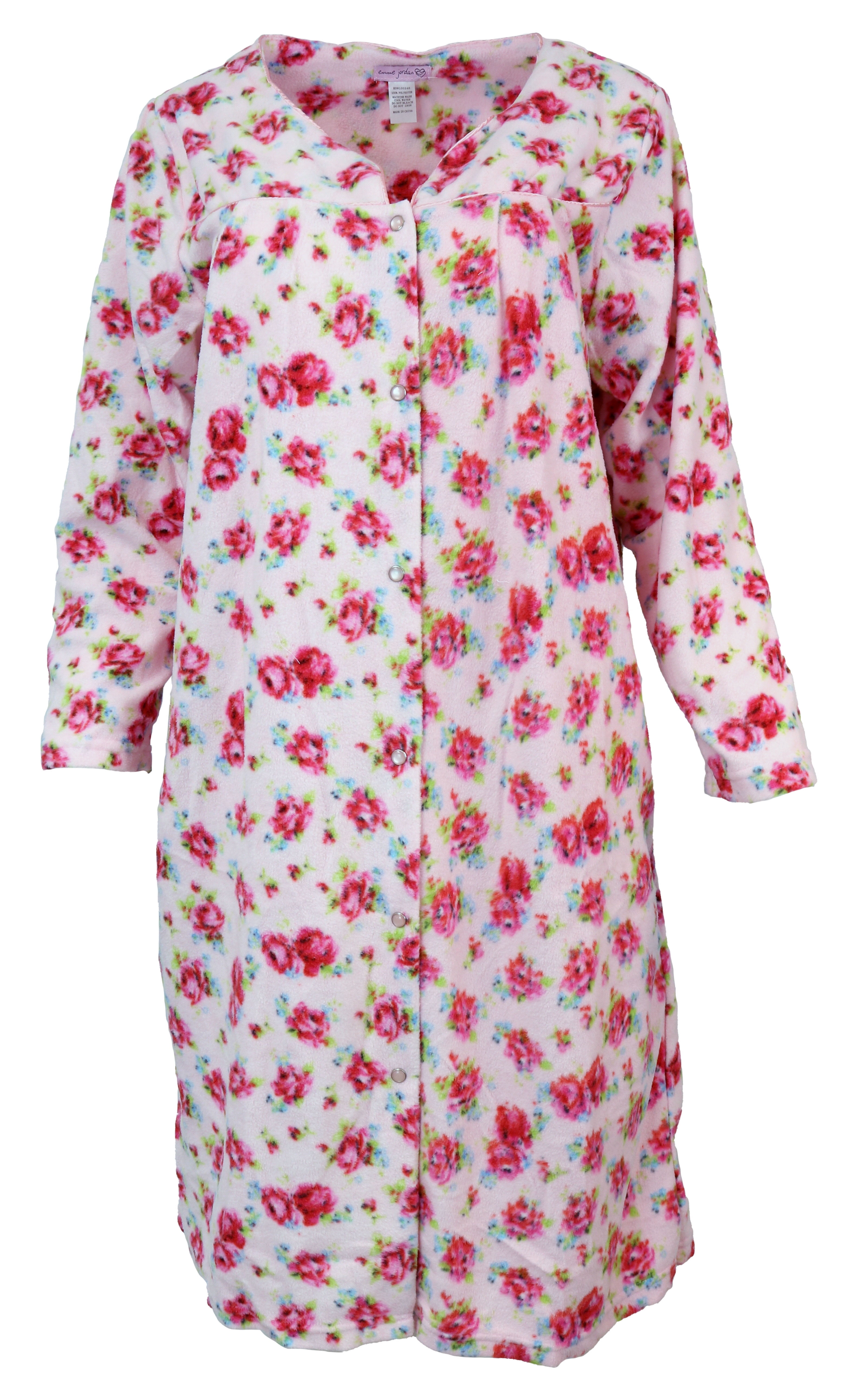 Emme Jordan Women's 3/4 Sleeve Fleece Snap-Front Duster - Pink Roses ...
