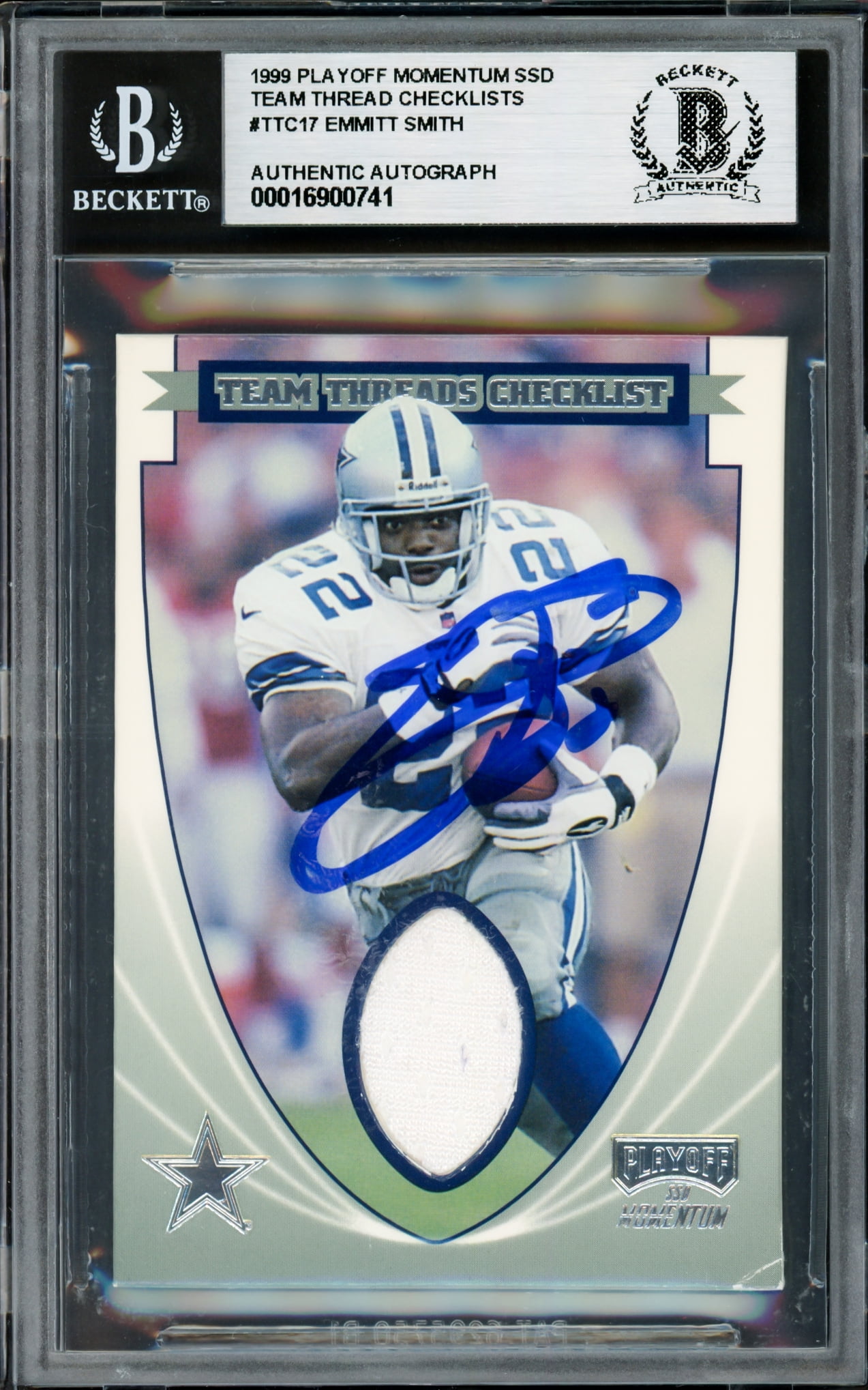 Emmitt Smith Autographed 1999 Playoff Momentum Team Threads Card #TTC17 ...