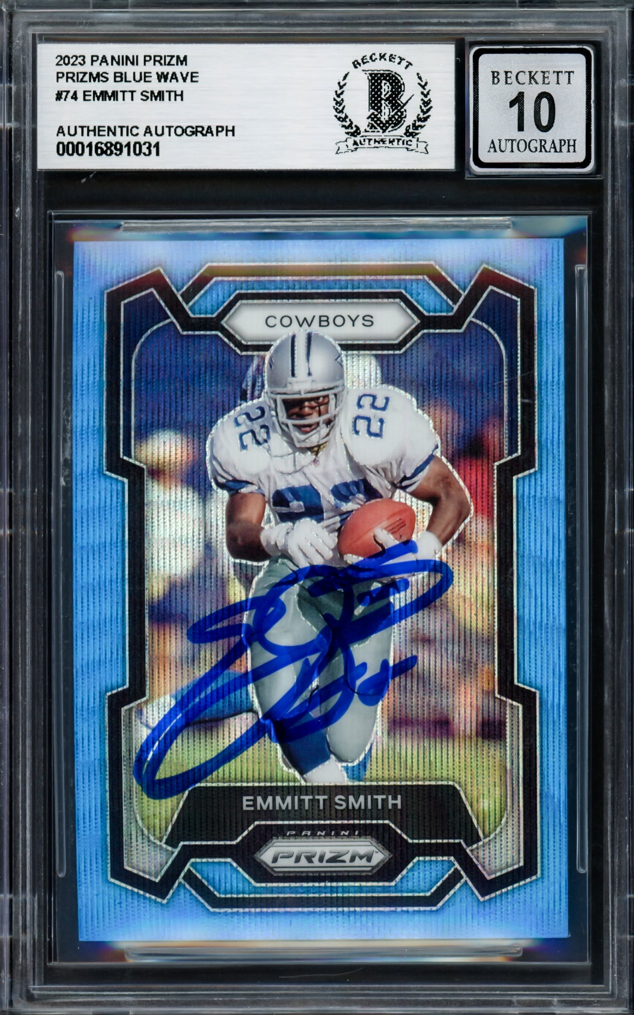Emmitt Smith Autographed 2023 Panini Prizm Prizms Blue Wave Card #74 ...