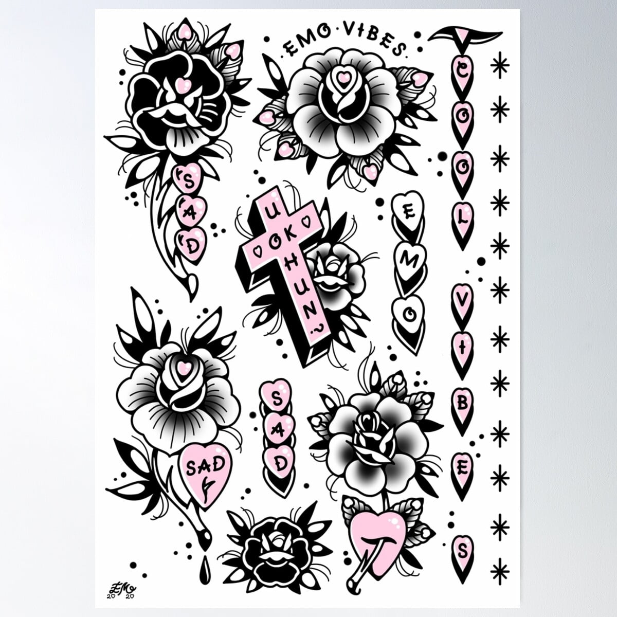 Emo Sad Goth Girl Roses Cute Traditional Flash Tattoo Poster Wall Art ...