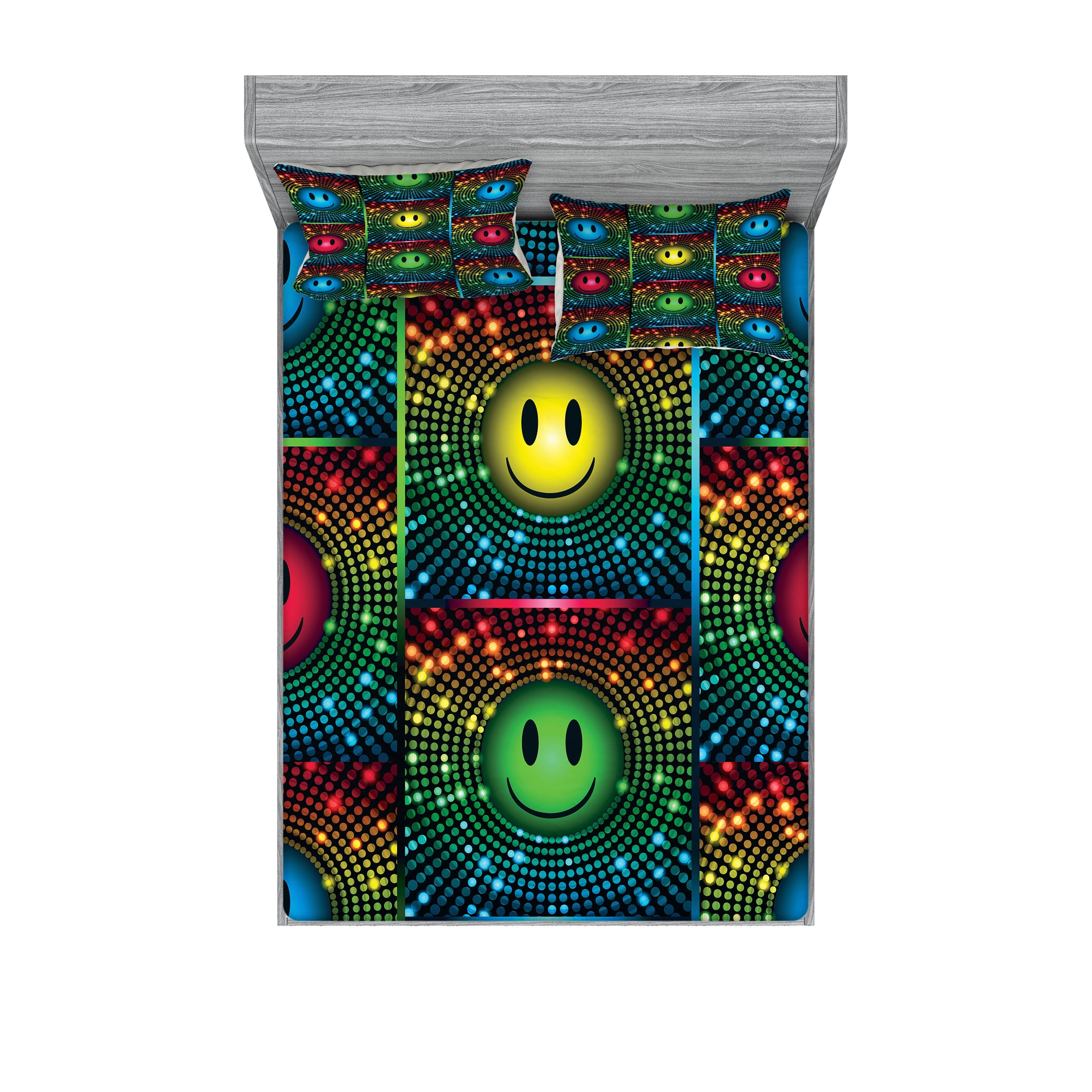 Emoji Fitted Sheet & Pillow Sham Set, Colorful Disco Themed Ornament ...