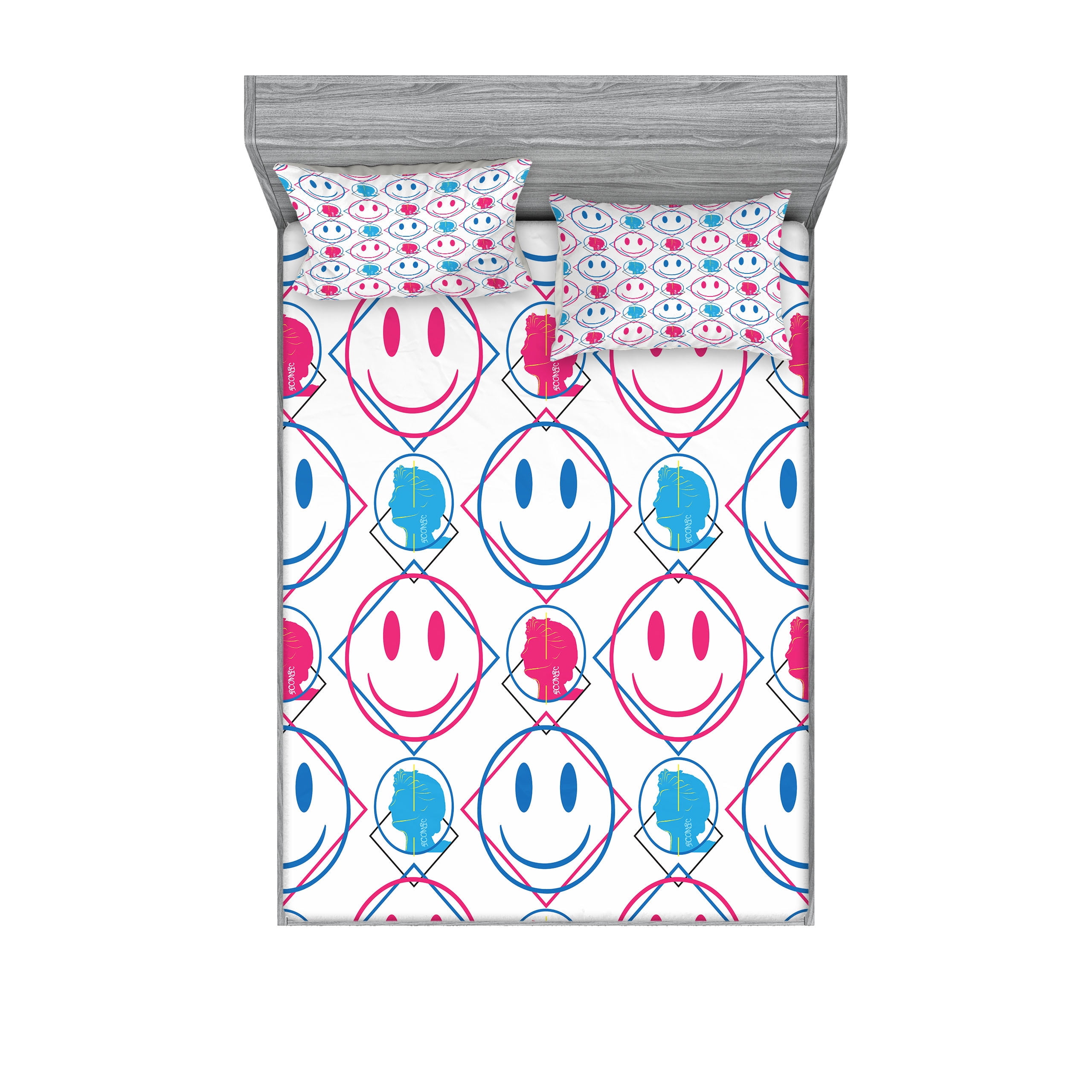 Emoji Fitted Sheet & Pillow Sham Set, Funny Smiling Face Bicolour ...