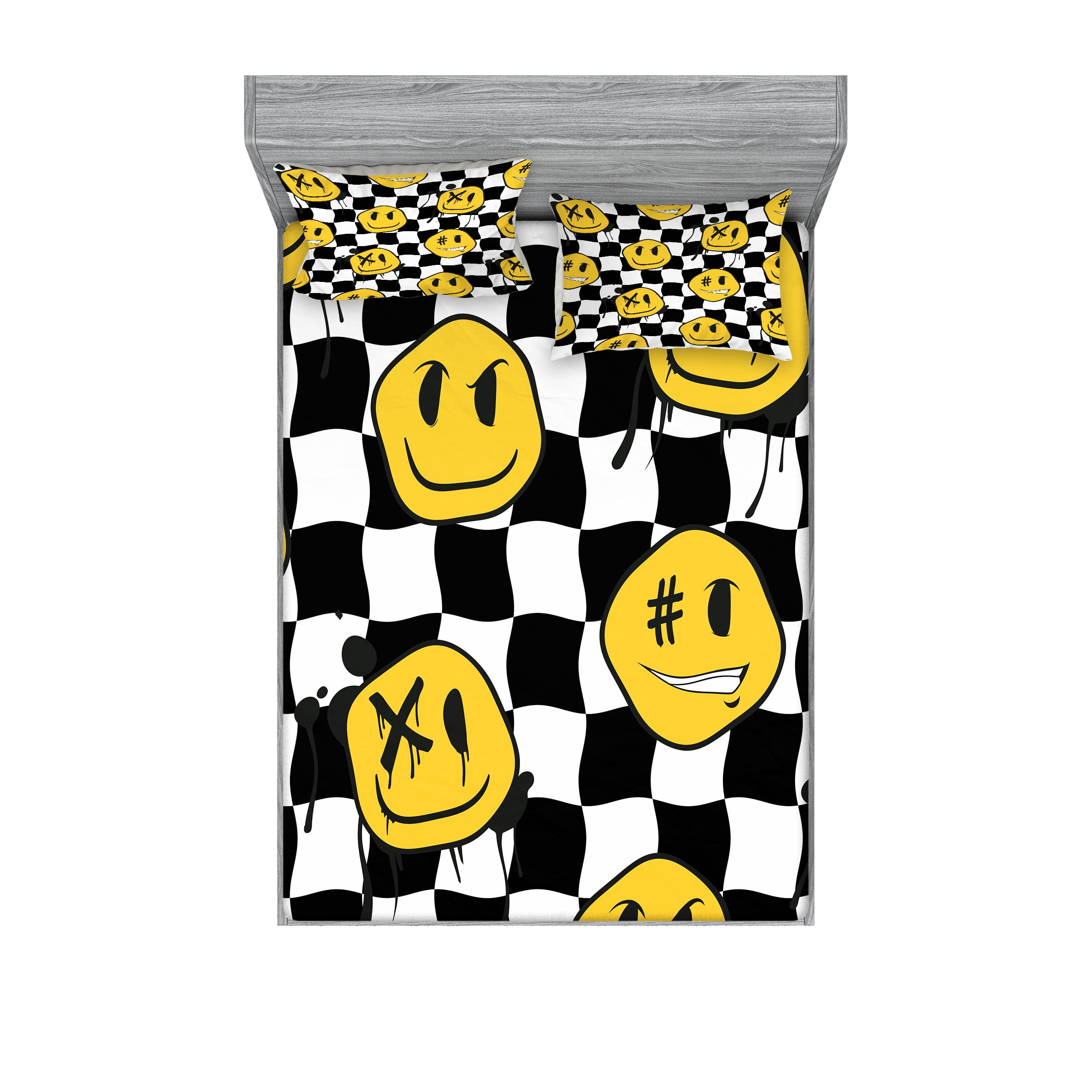 Emoji Fitted Sheet & Pillow Sham Set, Grunge Concept Checkered Back ...