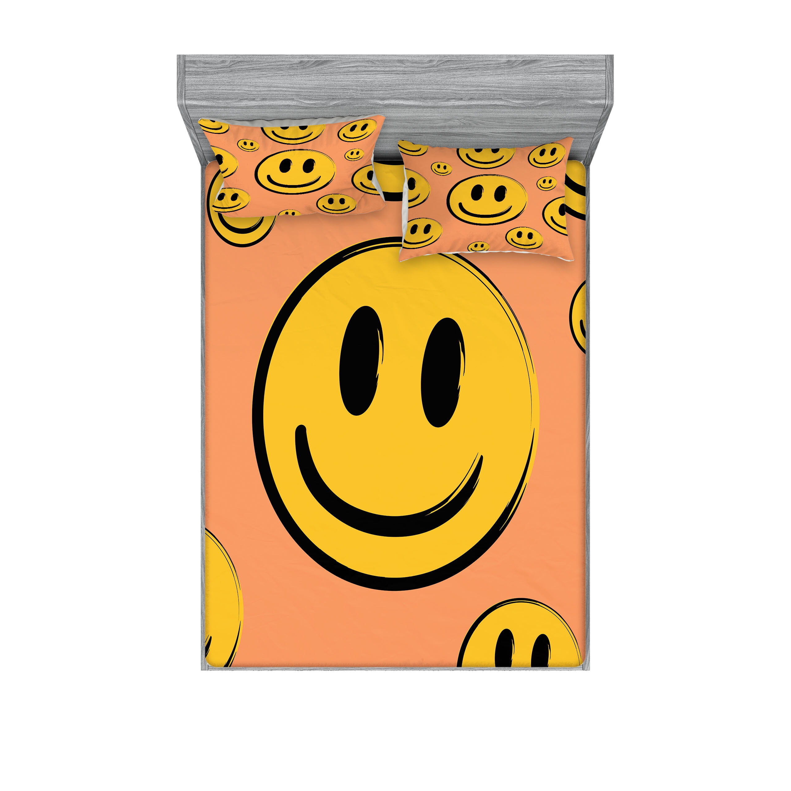 Emoji Fitted Sheet & Pillow Sham Set, Happy Themed Round Shaped Smiling ...