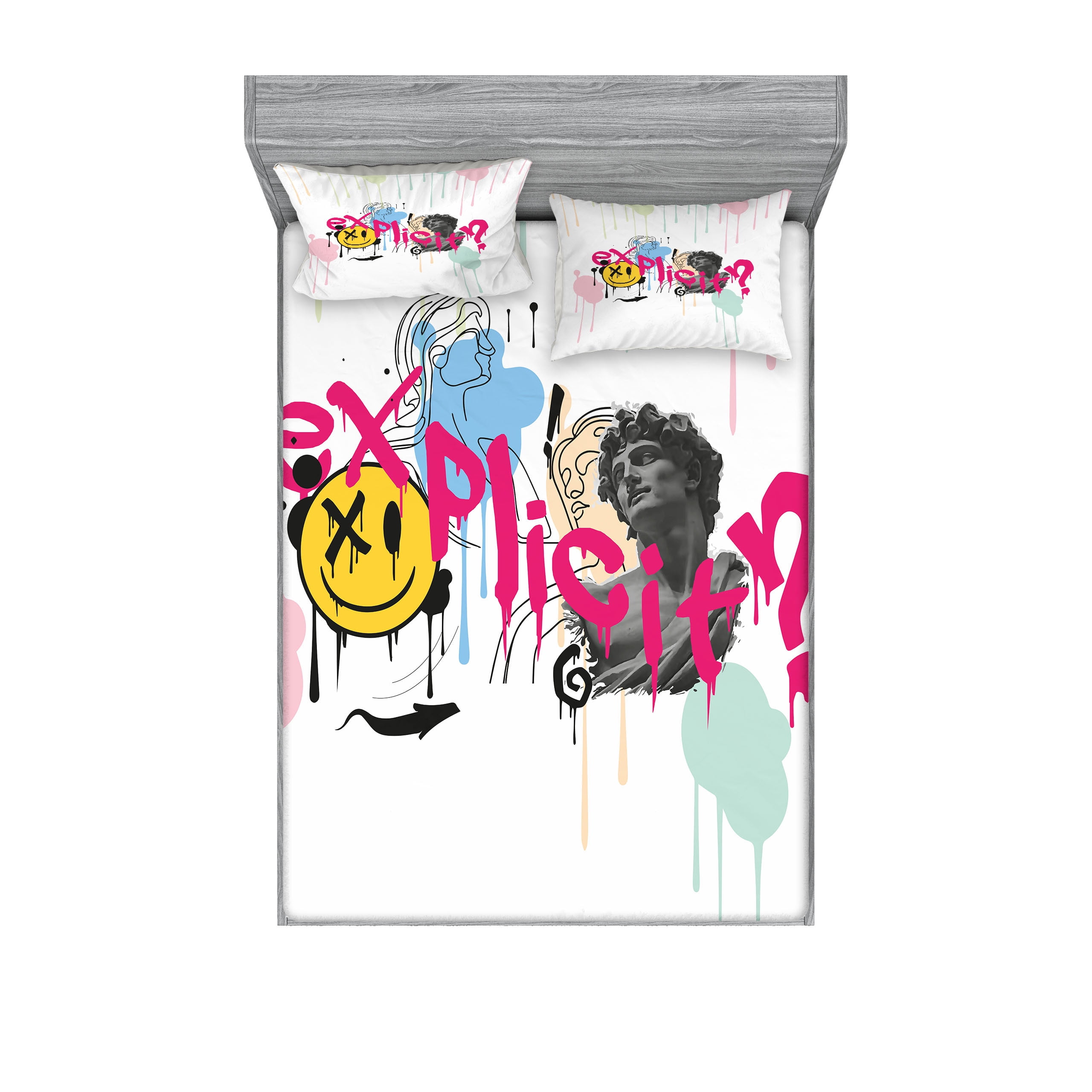 Emoji Fitted Sheet & Pillow Sham Set, Modern X Shape Eye Smiling Round ...