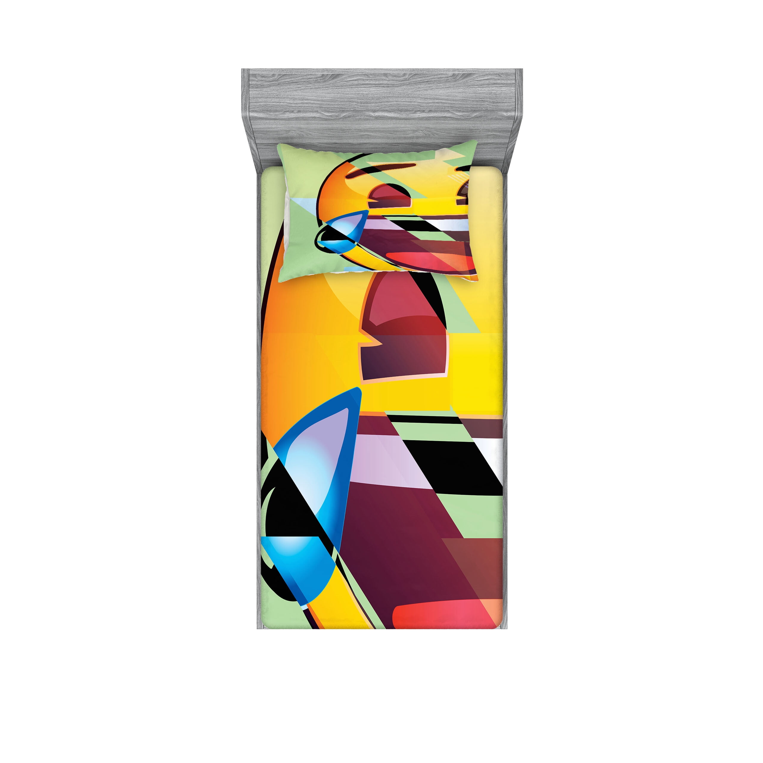 Emoji Fitted Sheet & Pillow Sham Set, Round Shaped Happy Character ...