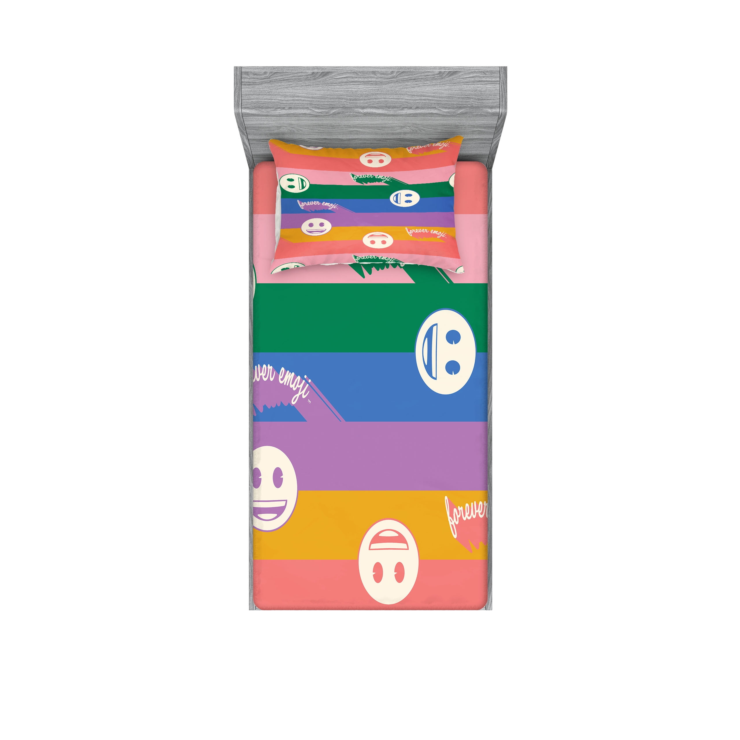 Emoji Fitted Sheet & Pillow Sham Set, Simple Design Colorful Smiling ...