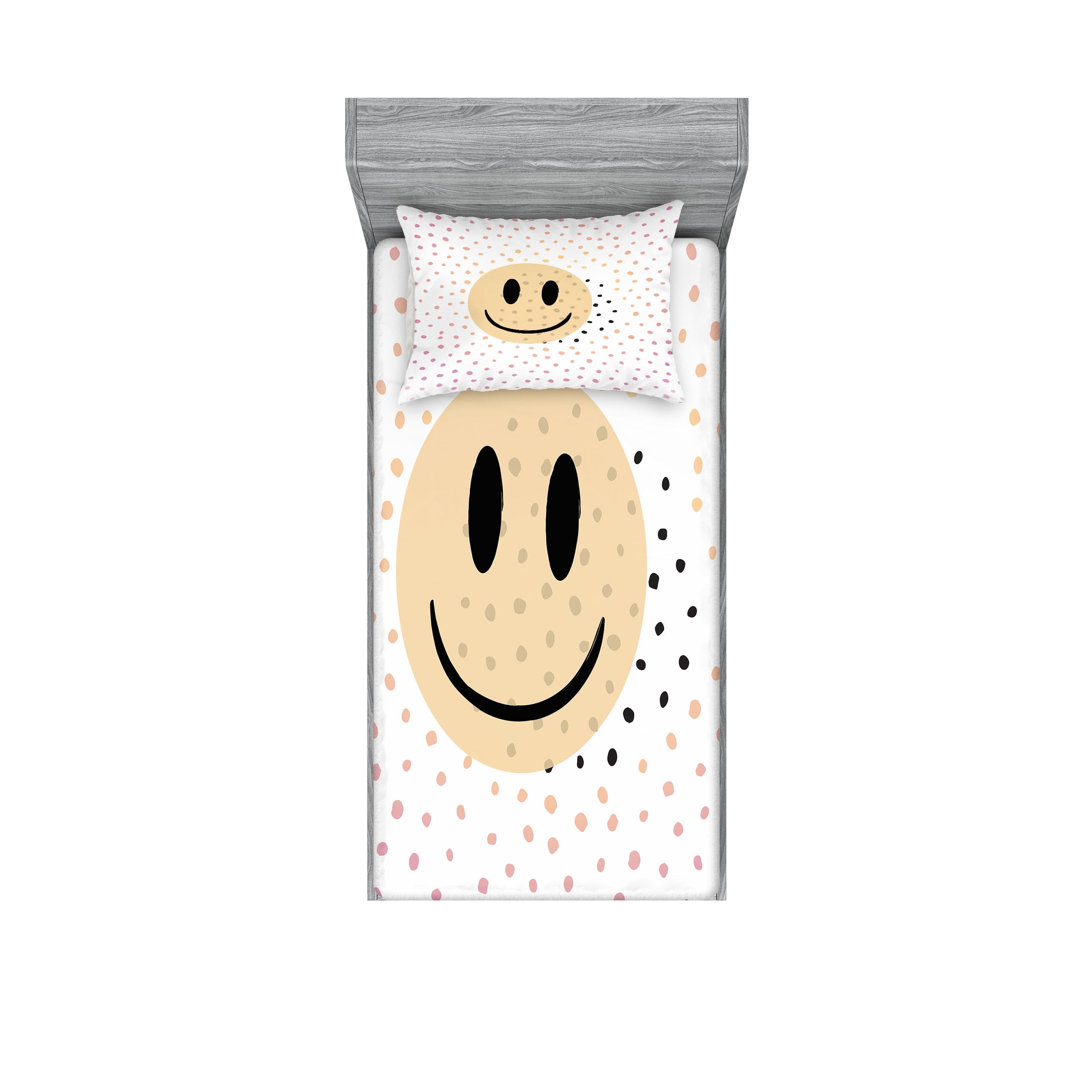 Emoji Fitted Sheet & Pillow Sham Set, Simple Design Round Shaped Happy ...