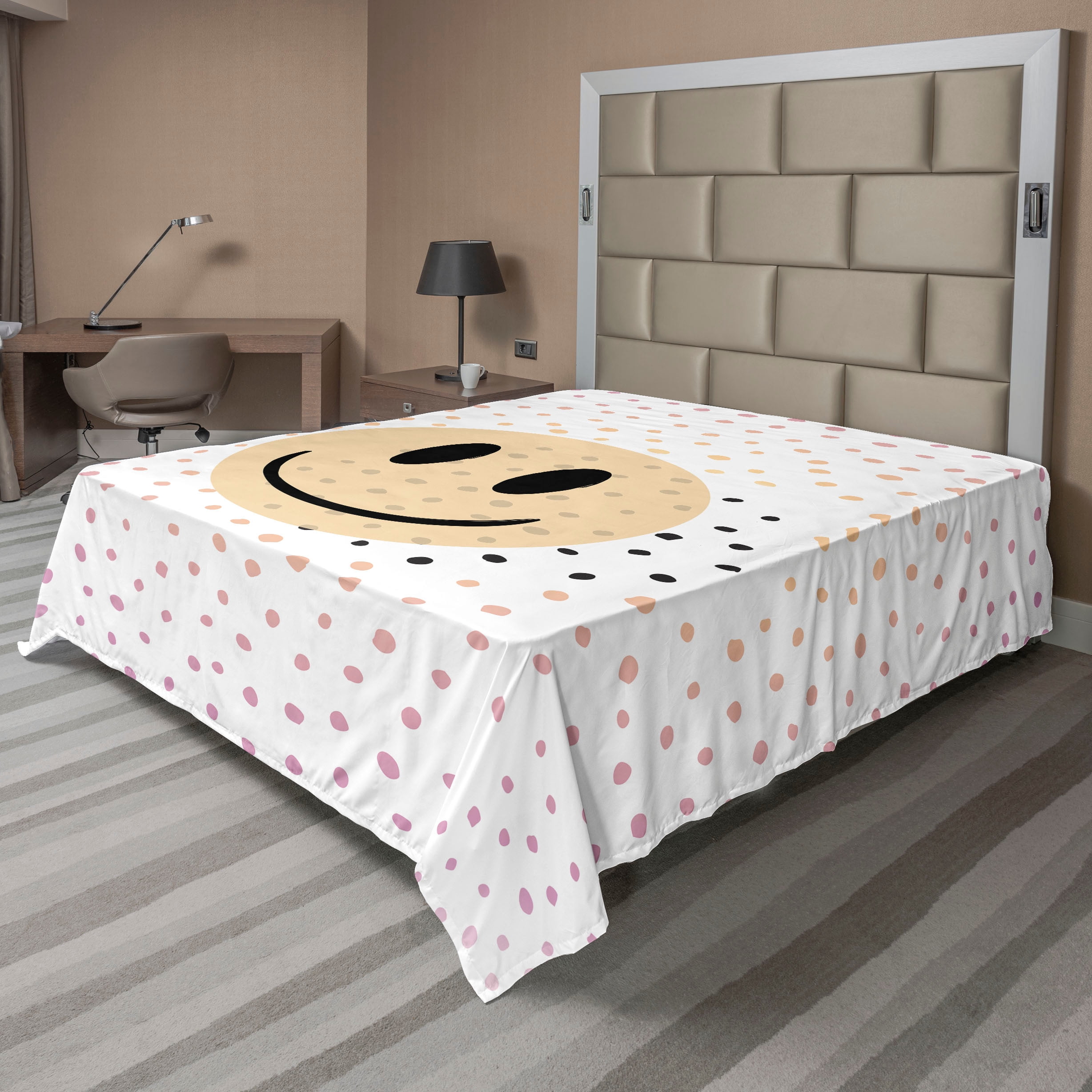 Ambesonne Emoji Flat Sheet, Simple Happy Face on Spots, Full Size, Off ...
