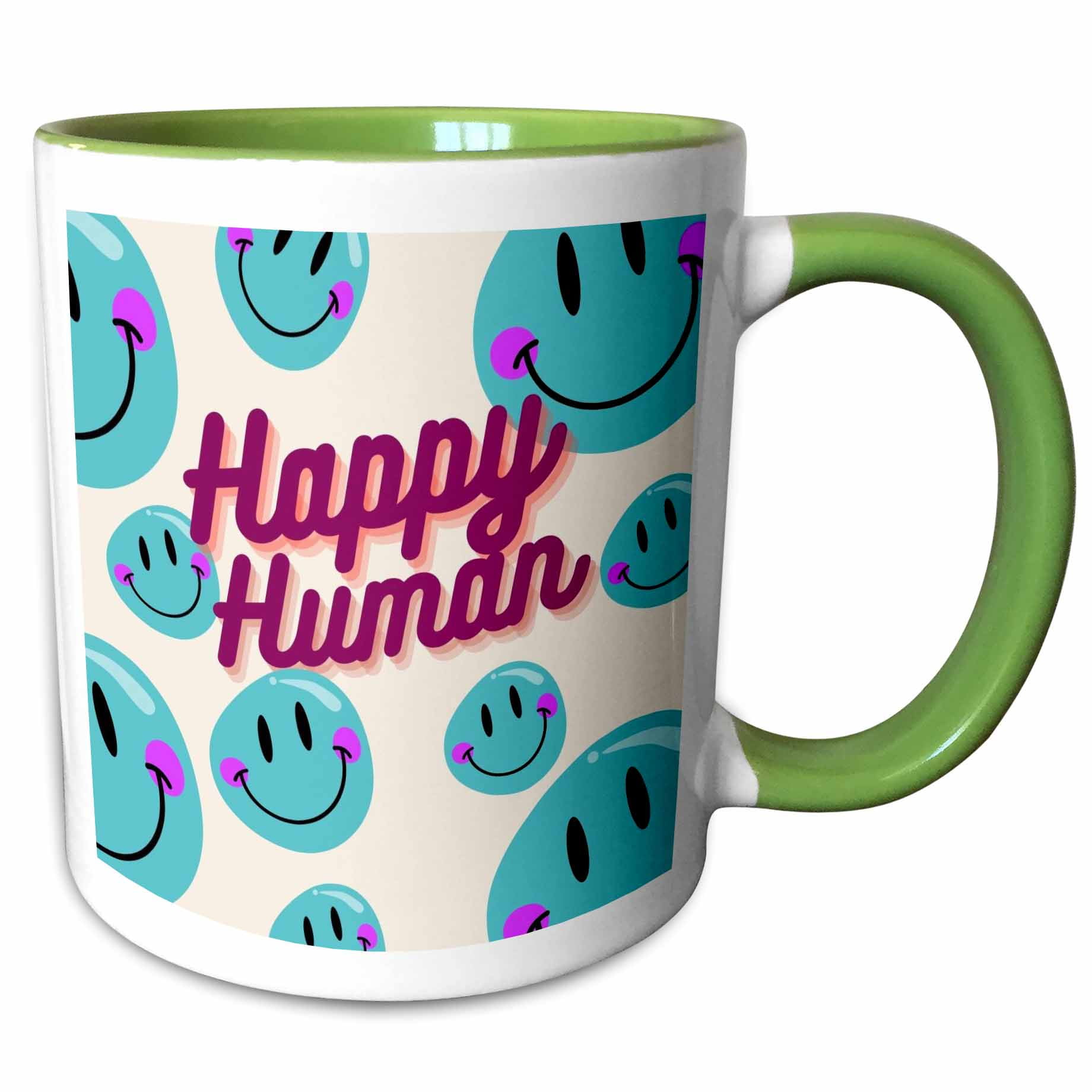 3drose, Emoji Images with Text of Happy Human, 15oz Two-tone Green Mug ...