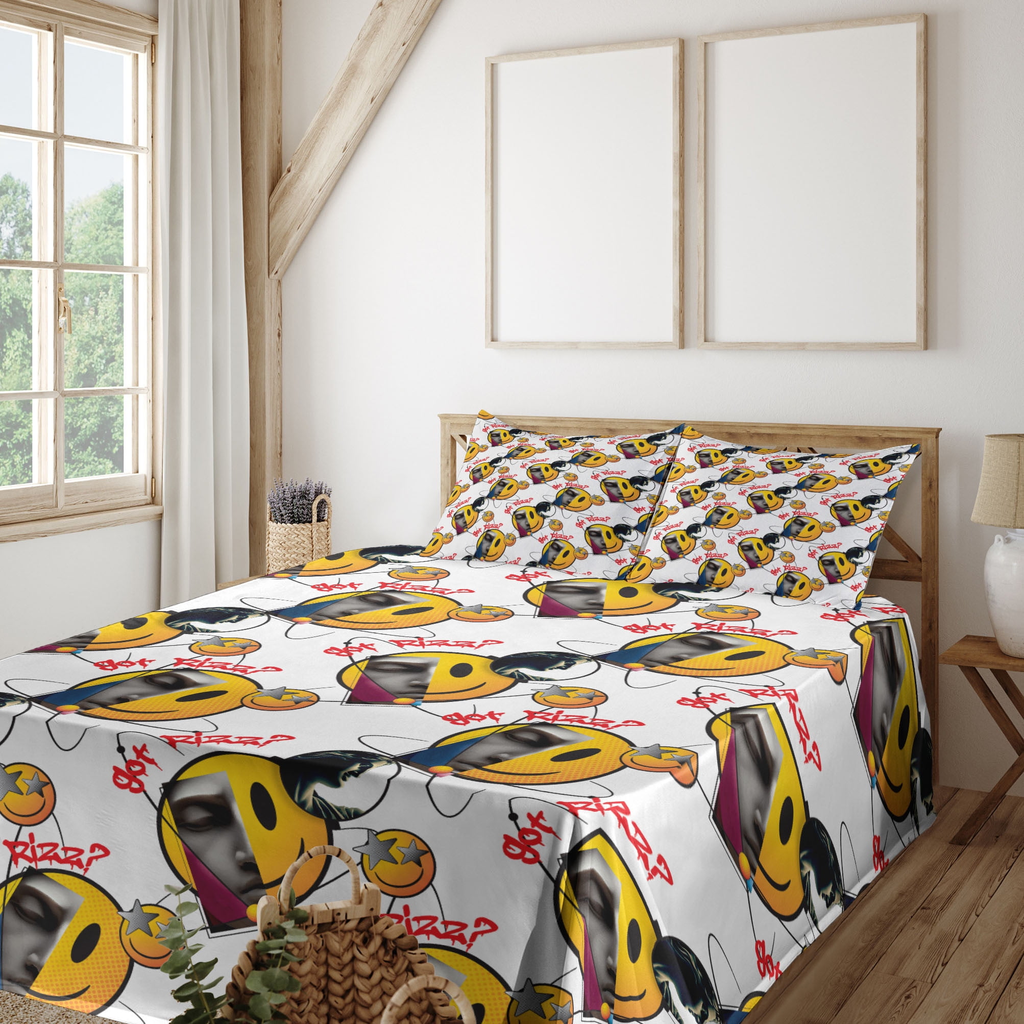 Ambesonne Emoji Fitted & Top Sheet Set with Shams, Funny Faces Antique ...